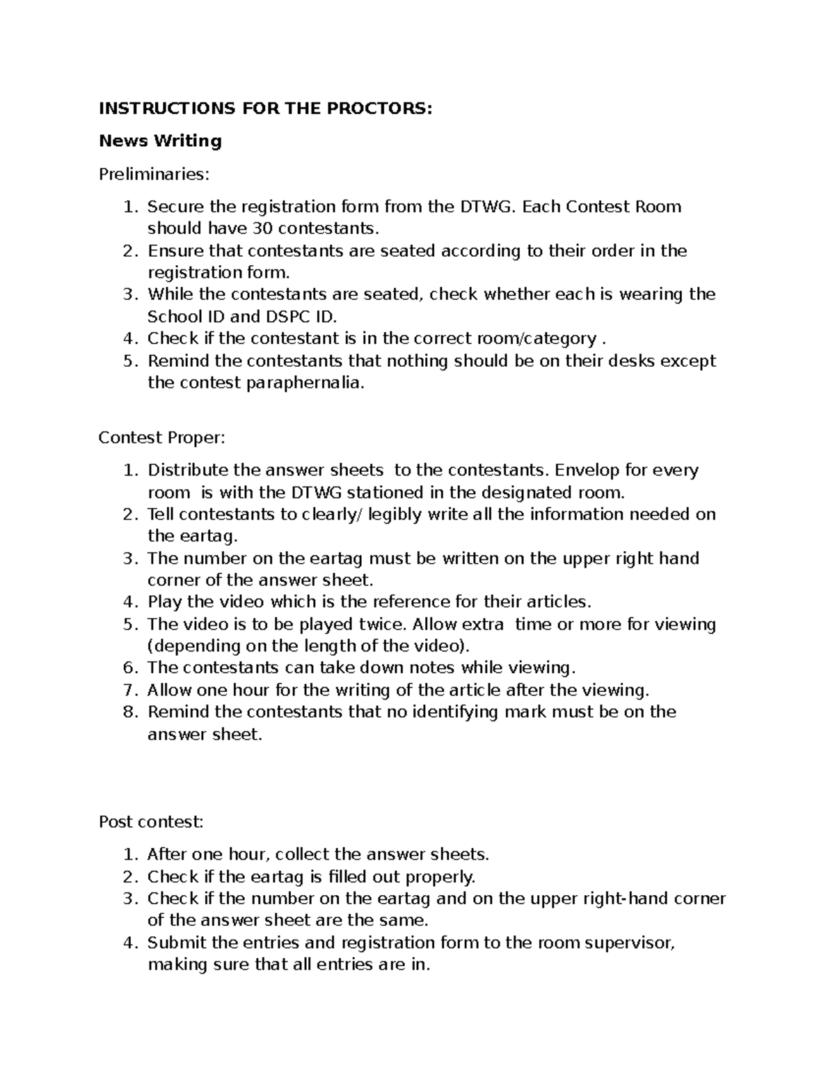 Proctor Instructions for Writing Contests: News, Editorial, and More ...