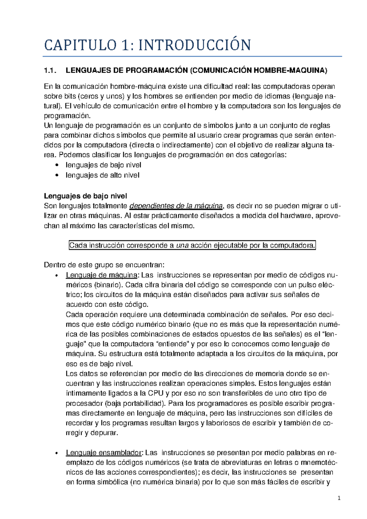 CAPITULO 1: INTRODUCCIÓN A LOS LENGUAJES DE PROGRAMACIÓN - Studocu