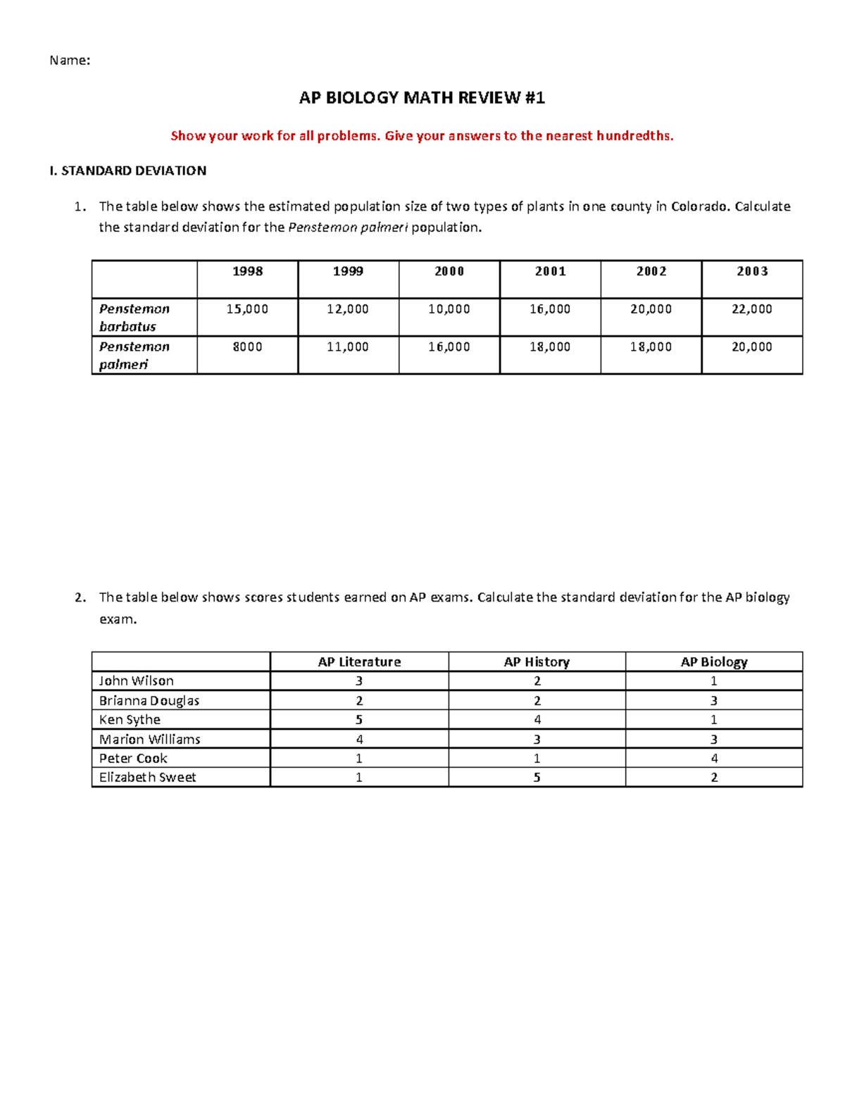 AP BIOLOGY MATH REVIEW: Standard Deviation & Solutions - Studocu