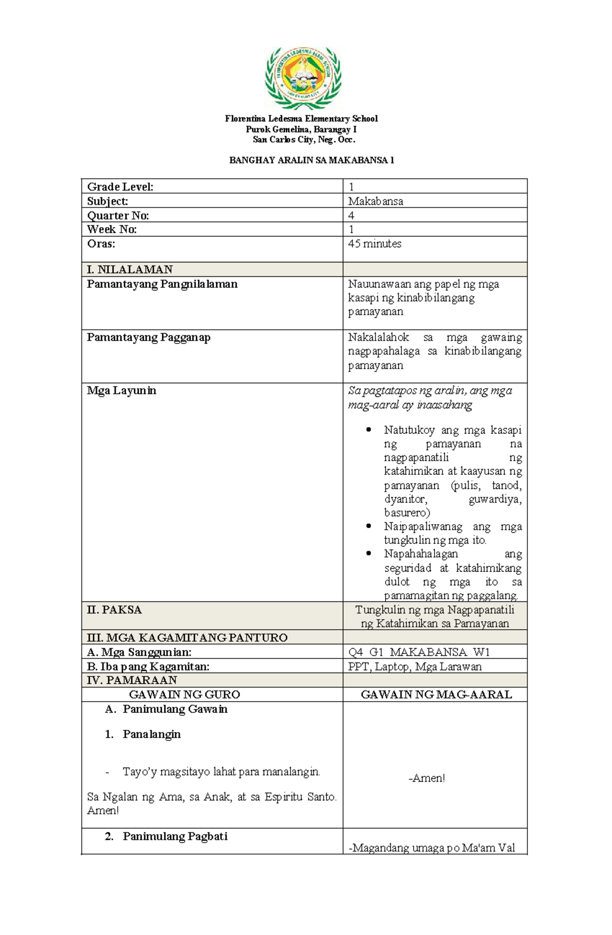 Makabansa Lesson Plan (LP) - Grade 1, Quarter 4, Week 1 - Studocu