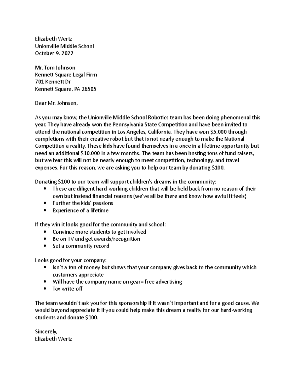 Persuasive Letter - Elizabeth Wertz Unionville Middle School October 9 ...