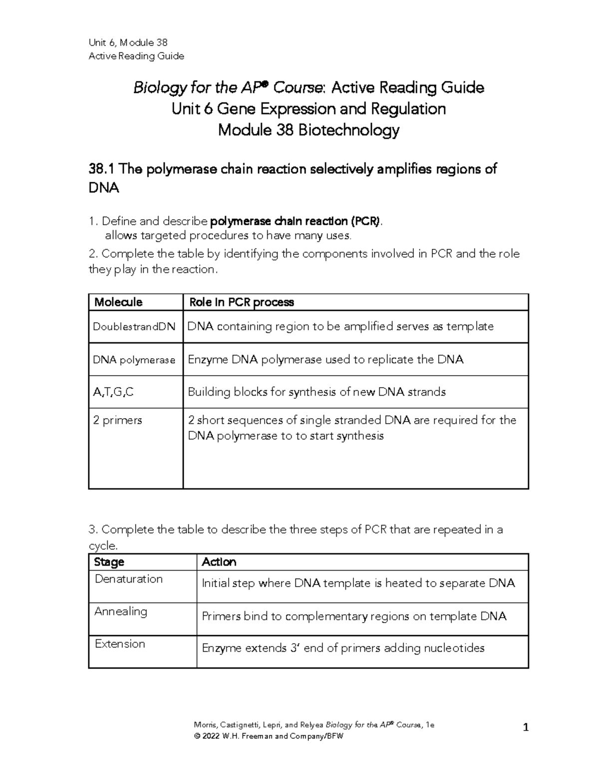 Unit 6, Module 38 Active Reading Guide: Gene Expression & Biotechnology ...