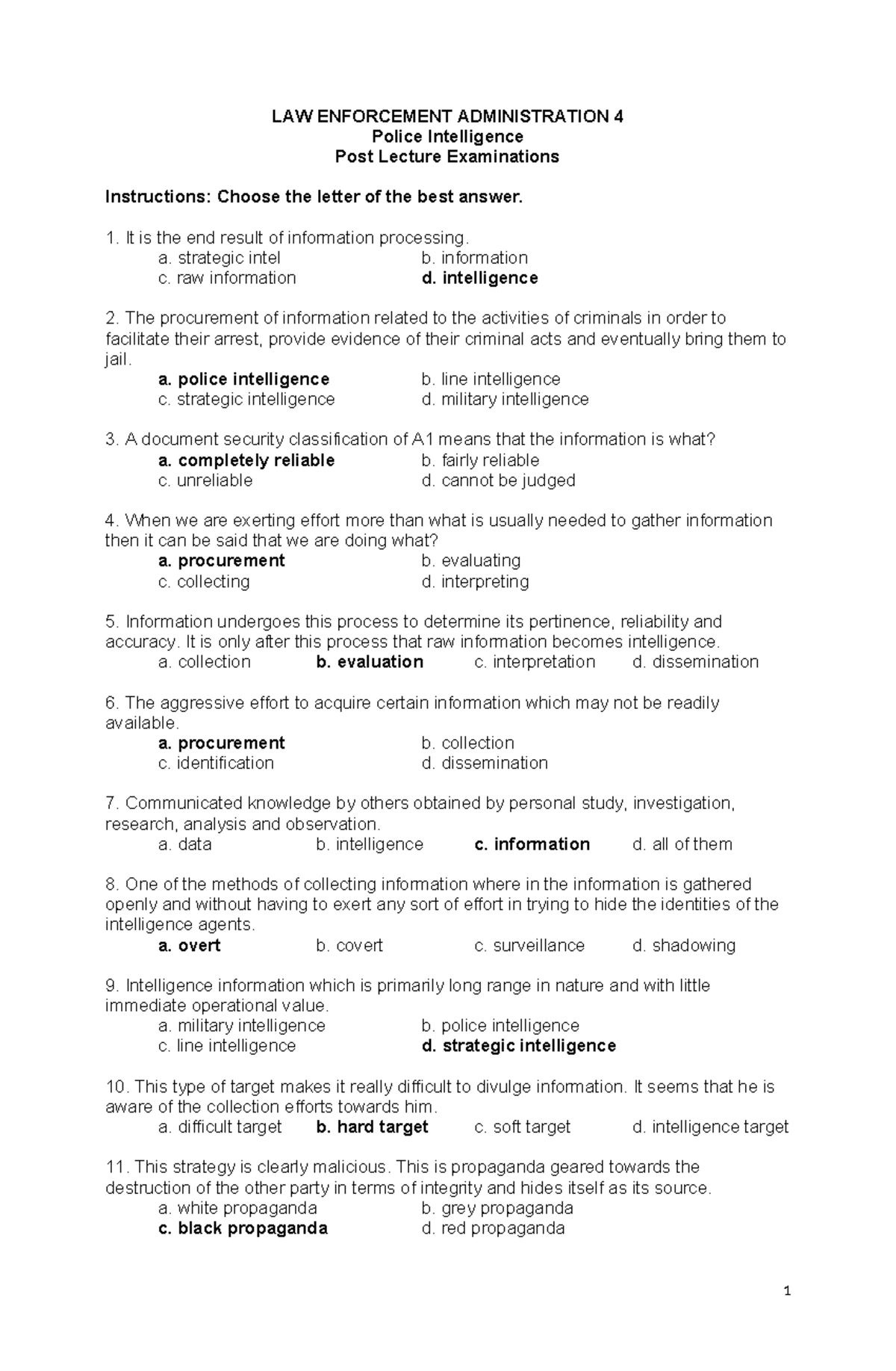 LAW ENFORCEMENT ADMINISTRATION 4 Police Intelligence Post-Lecture Exam ...