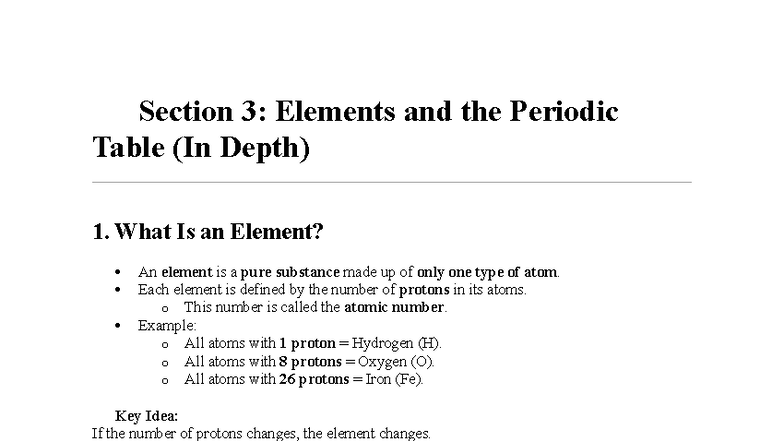 Section 3: In-Depth Notes on Elements & the Periodic Table - Studocu