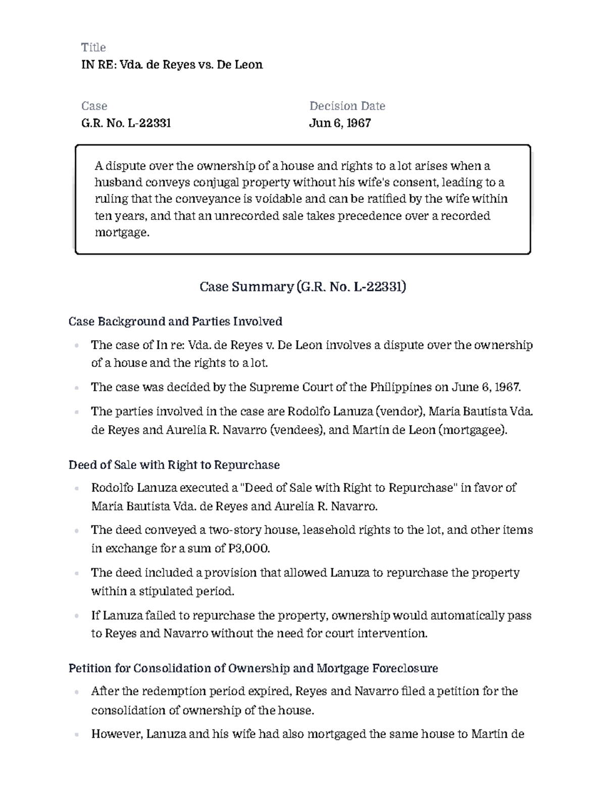 Case Summary: G.R. No. L-22331 - Vda. de Reyes vs. De Leon - Studocu