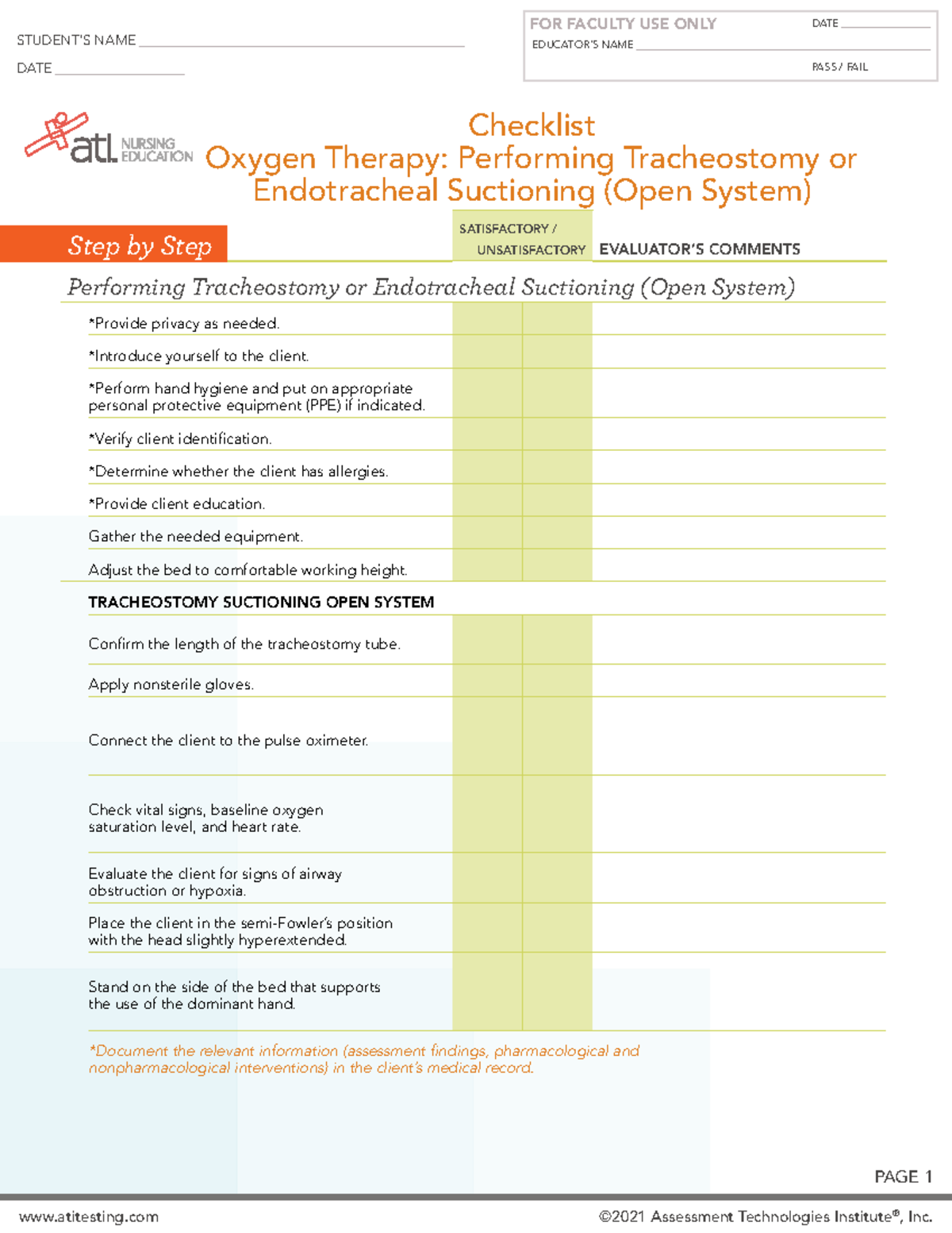 Ati Performing Tracheostomy or Endotracheal Suctioning (Open System) checklist - PAGE 1 STUDENT ...