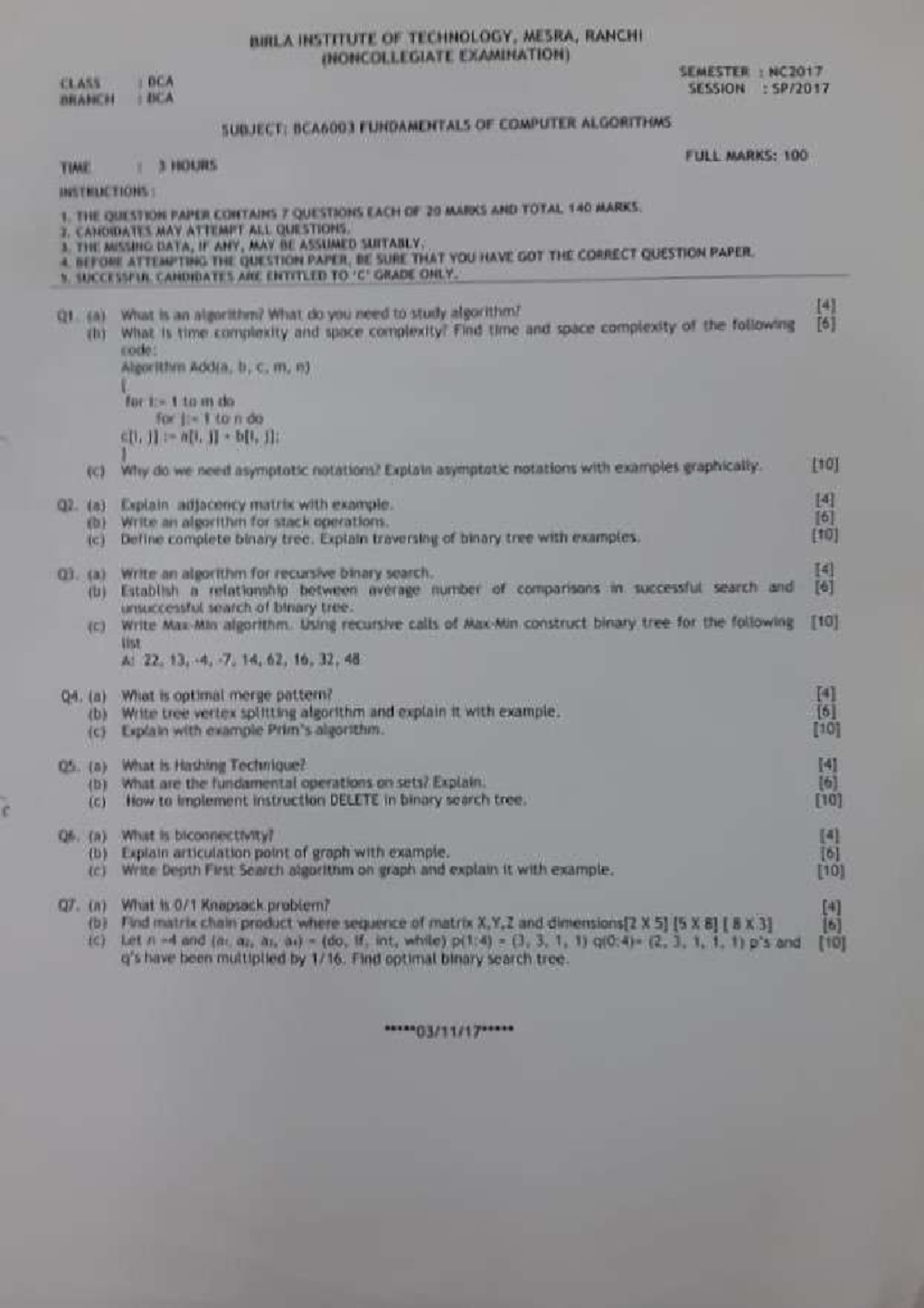 Algorithm - Sample Question Paper for Exam Preparation - Studocu