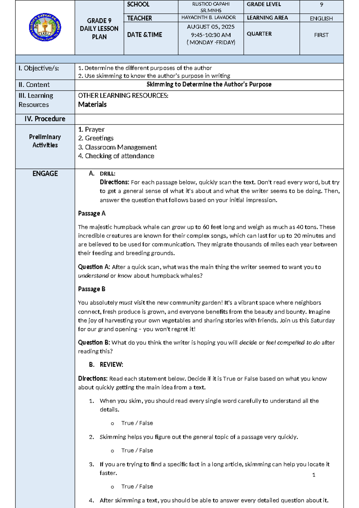 Grade 9 English Daily Lesson Plan: Skimming for Purpose - Aug 2025 ...