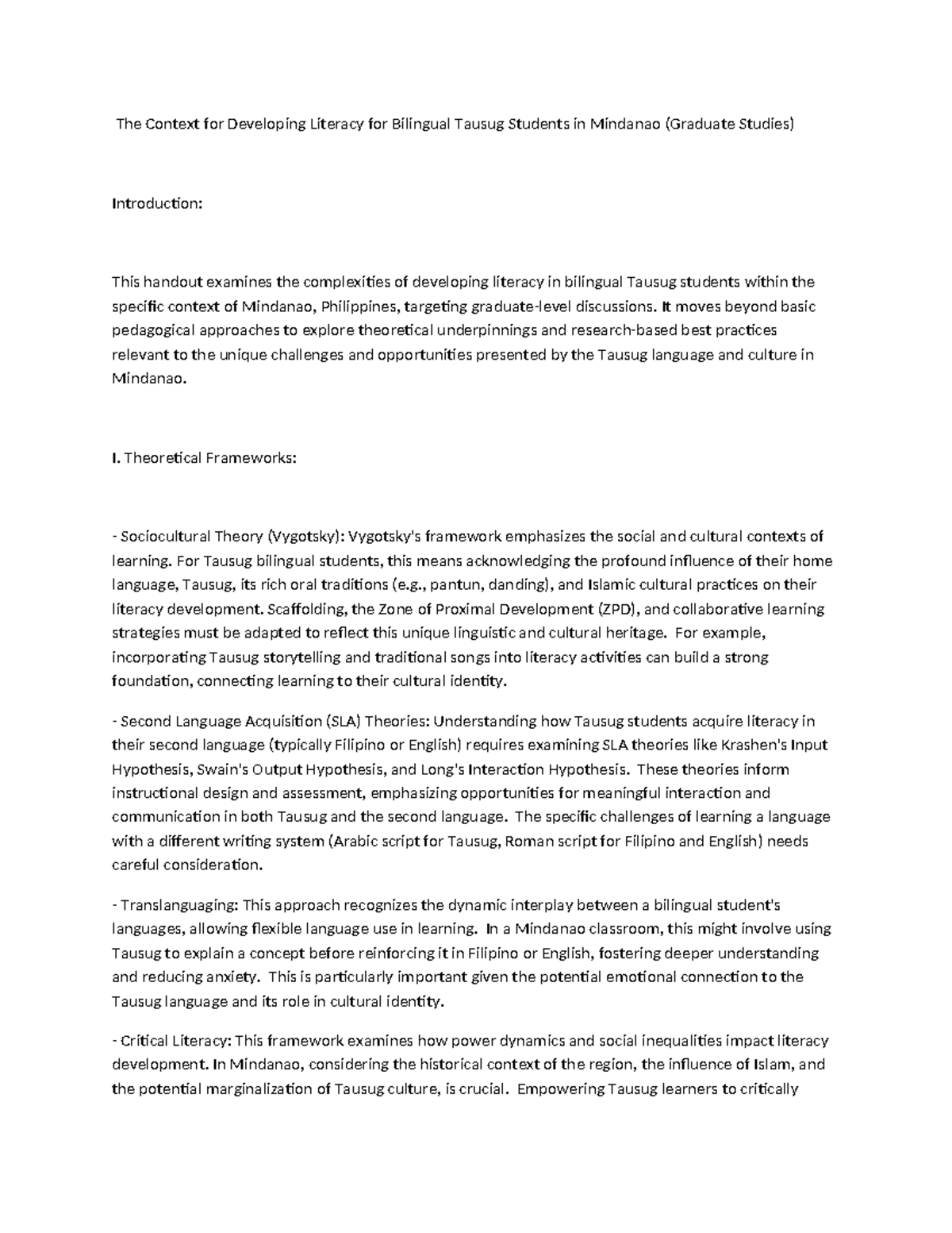 Developing Literacy for Bilingual Tausug Students in Mindanao (Grad ...