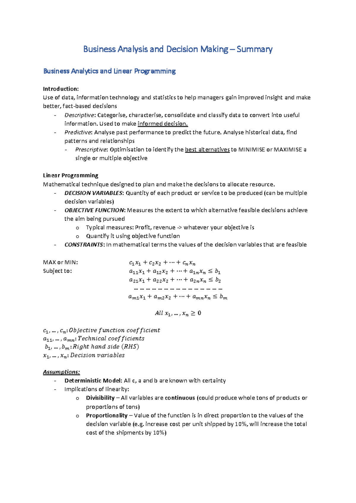 29915-sample - SUMMARY - Business Analysis and Decision Making – Summary Business Analytics and ...