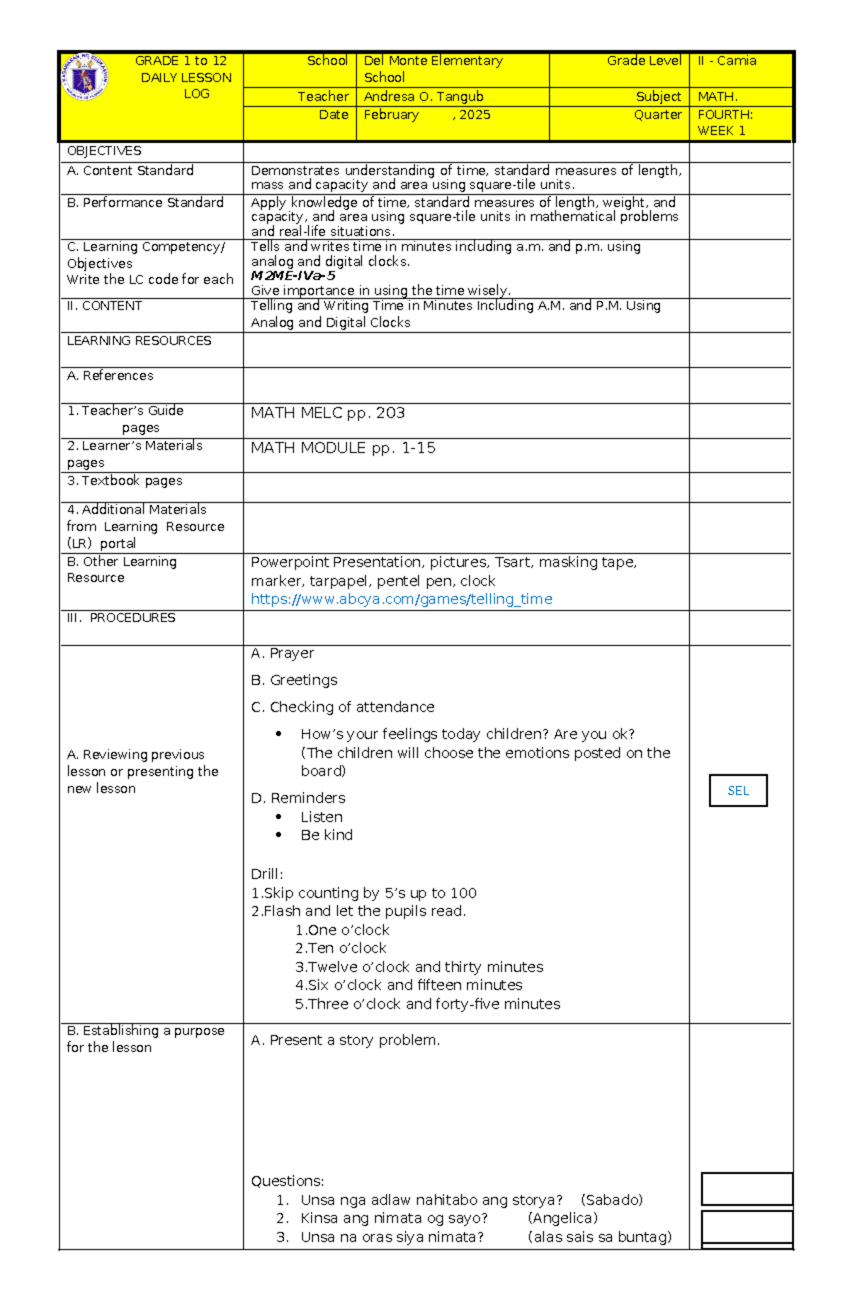 DLL-MATH Matatag - GRADE 1 to 12 DAILY LESSON LOG School Del Monte ...