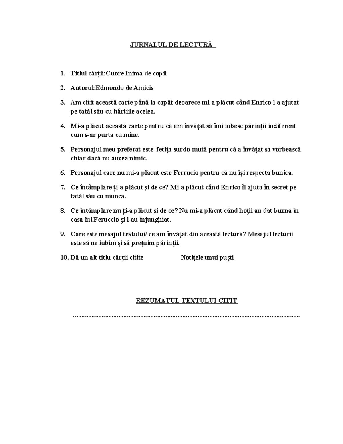 Jurnal de Lectură: "Cuore - Inima de copil" pentru Clasa A V-a & VI-a - Studocu
