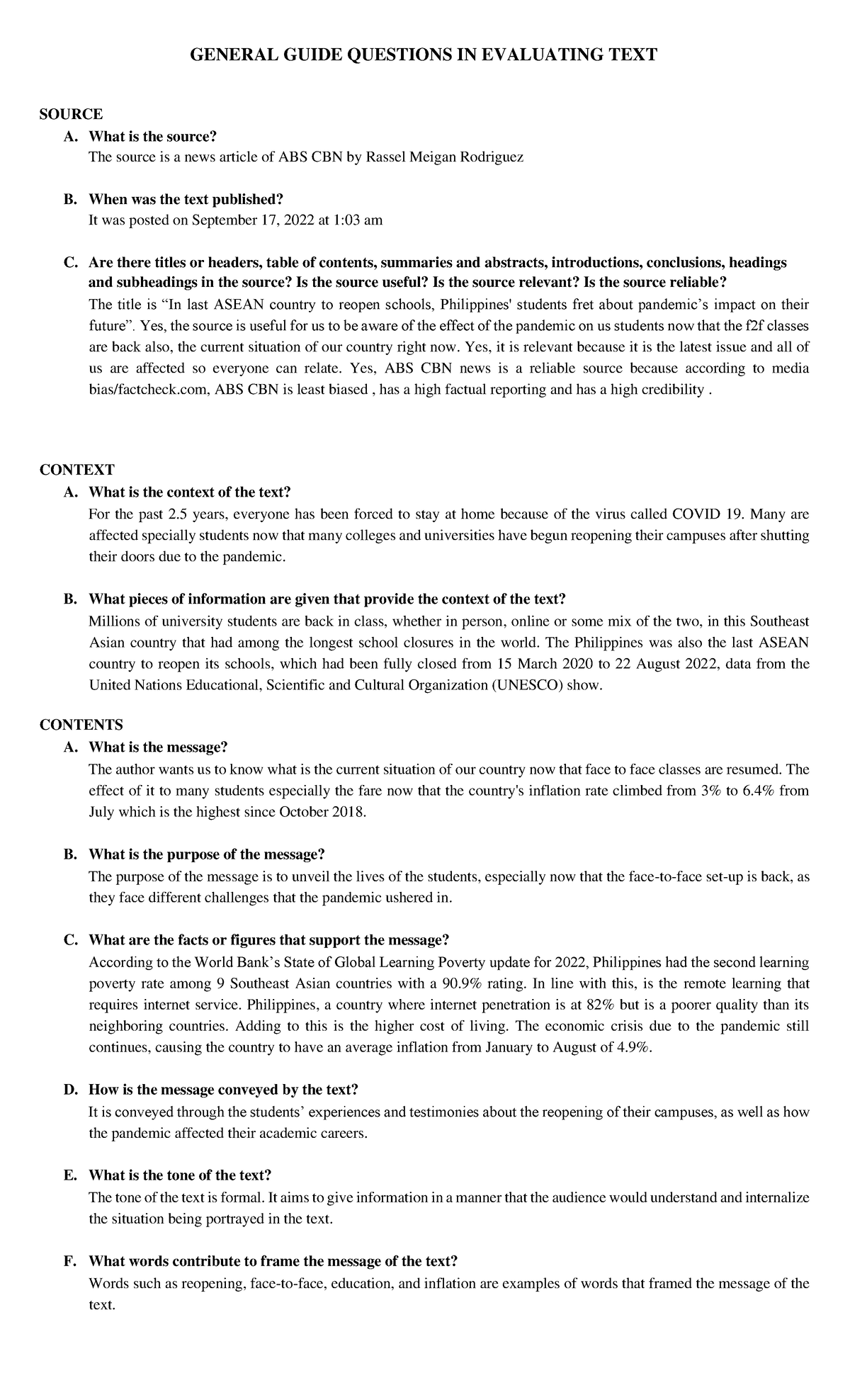 Evaluating a Text (Upload) - GENERAL GUIDE QUESTIONS IN EVALUATING TEXT ...