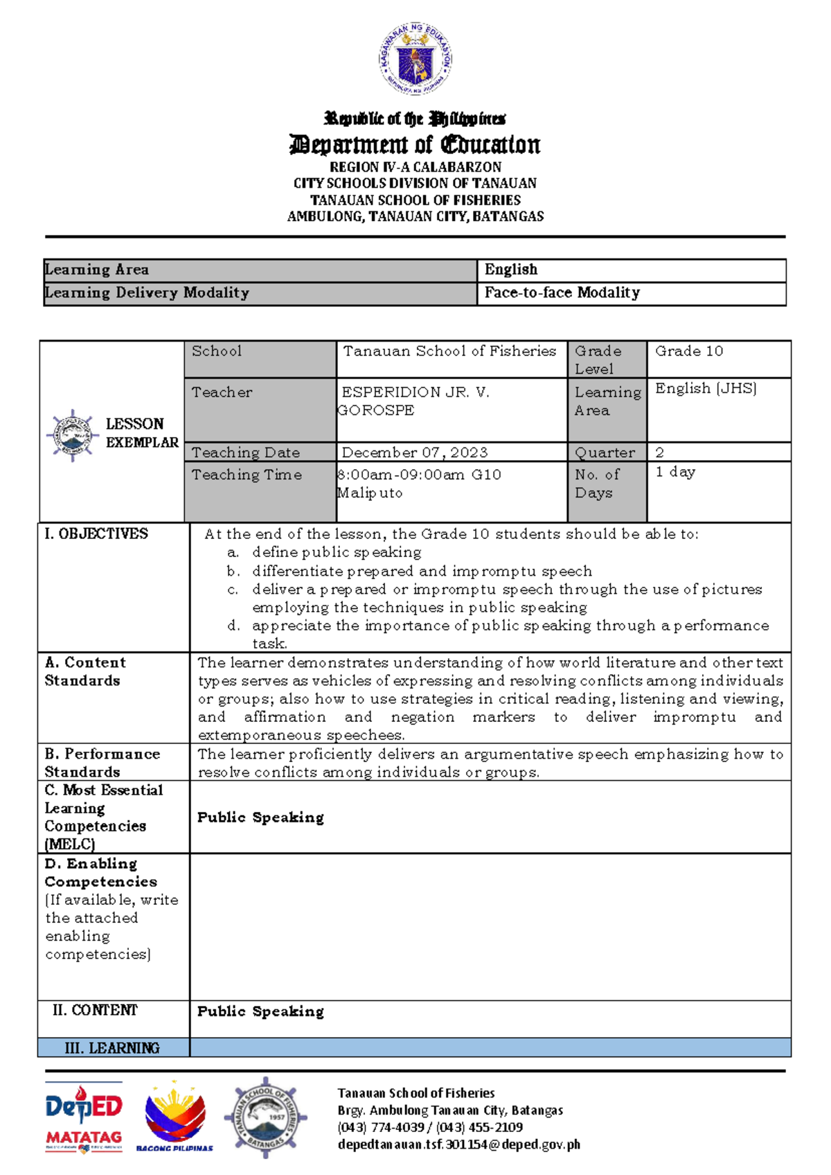 G10 English Lesson Plan: Public Speaking Techniques and Activities ...