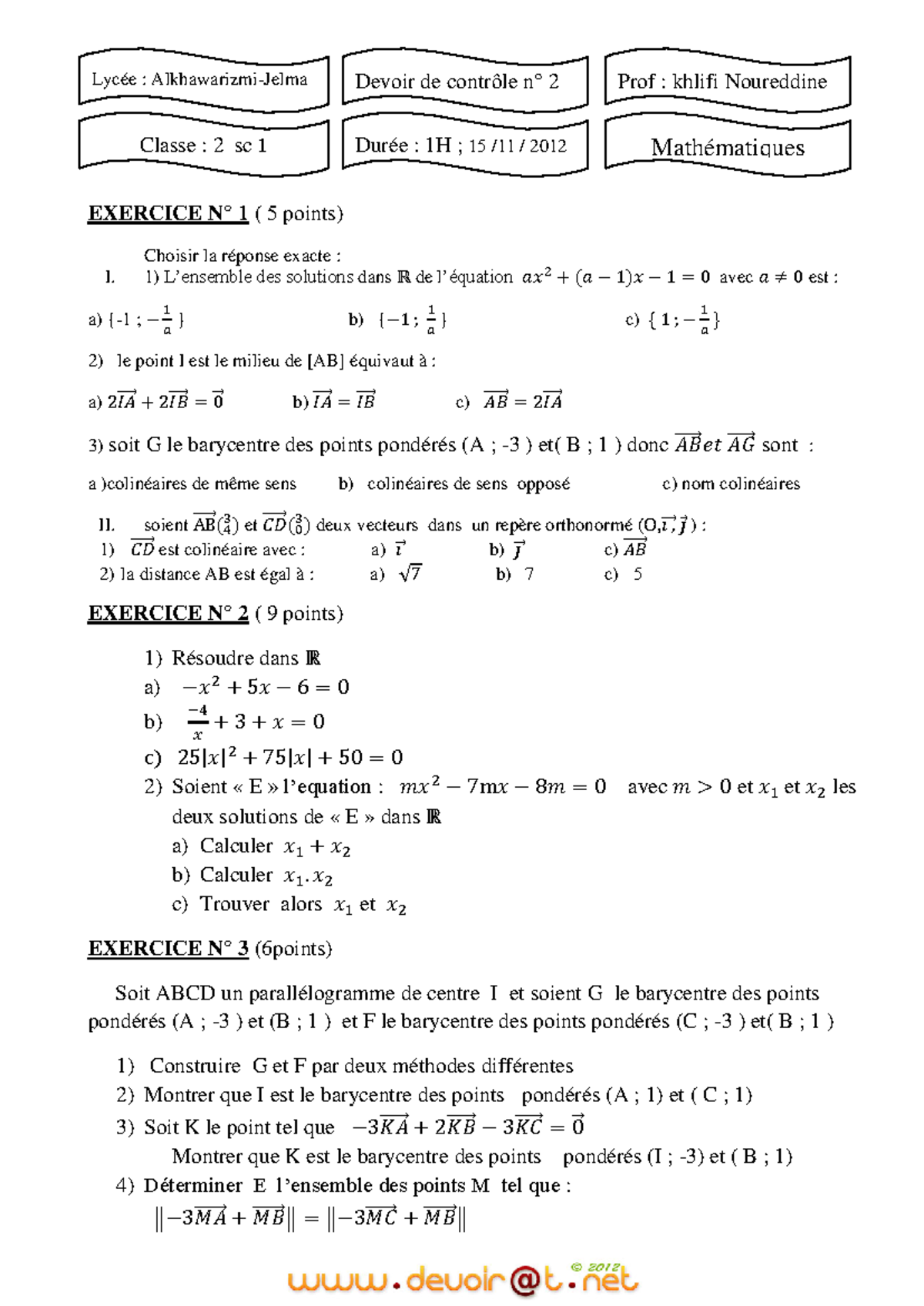 Devoir de Contrôle N°2 - Maths 2 sc 1 - 2012-2013 - Studocu