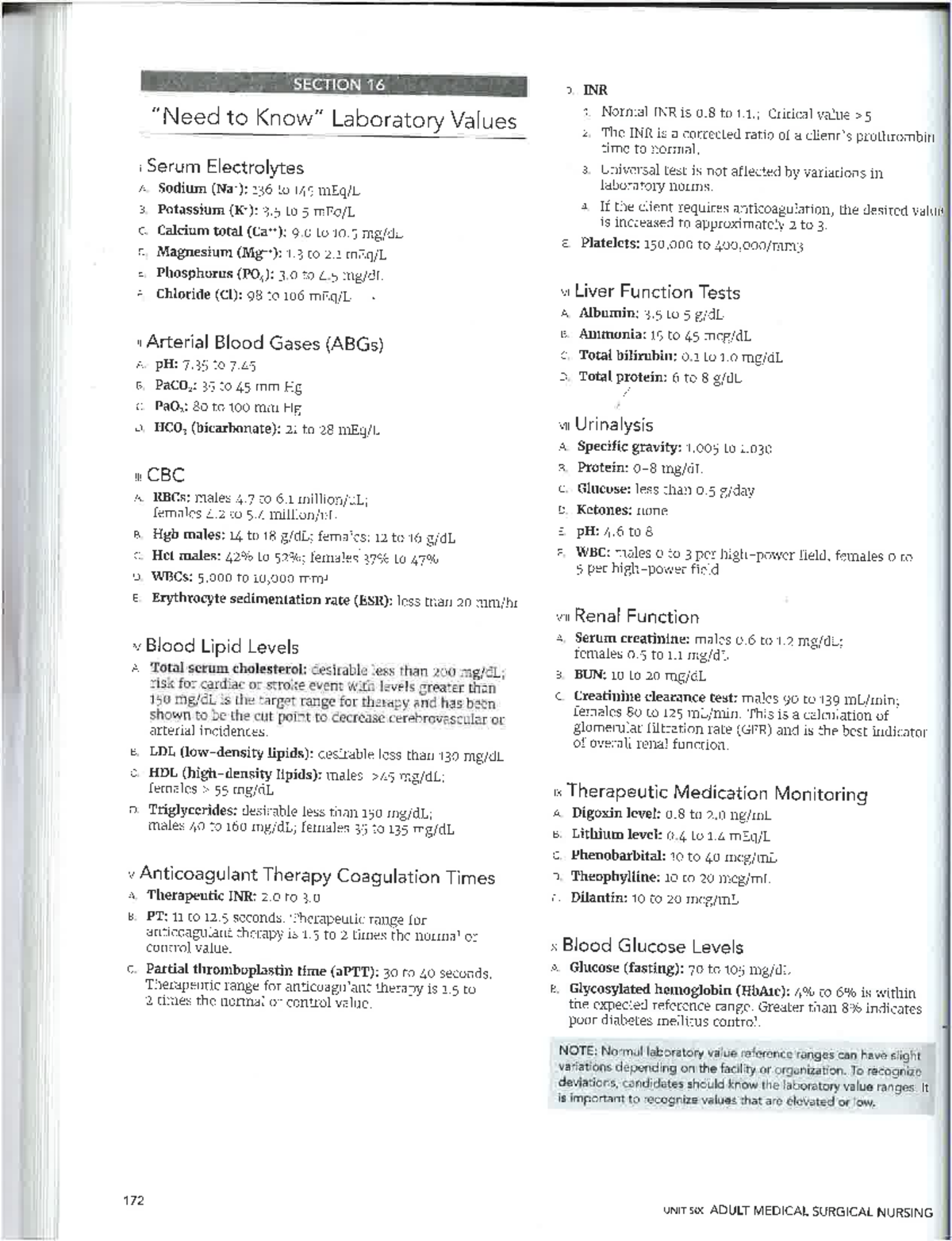 LAB Need to Know Lab Values - SECTION 16 D. INR to Laboratory Values 1 ...