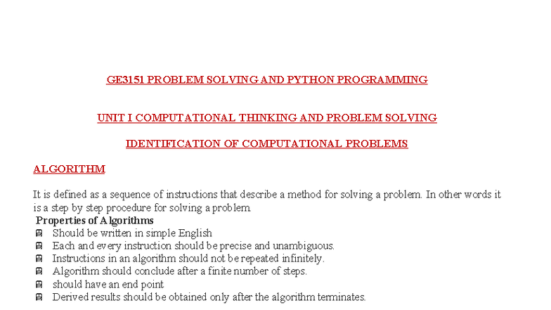 GE3151 UNIT I - Computational Thinking & Problem Solving Notes - Studocu