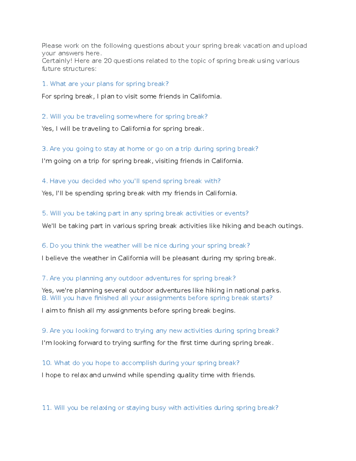 Ingles - Spring Break Plans and Activities Q&A - Studocu