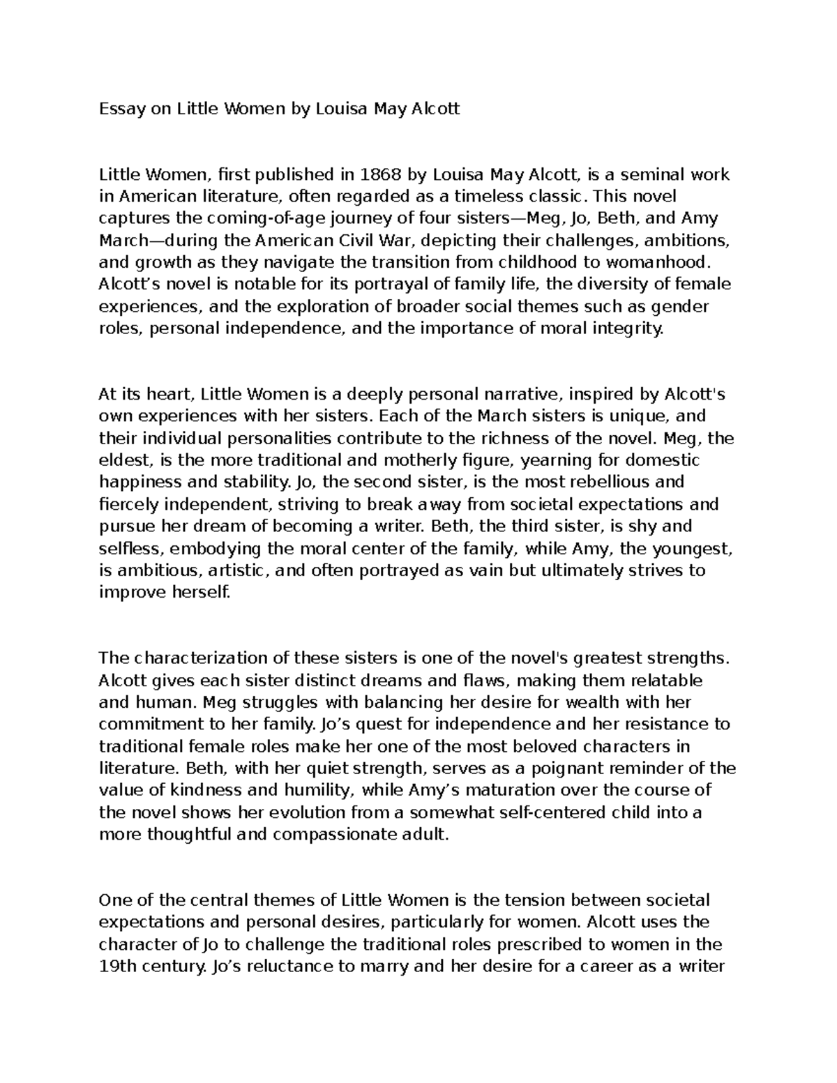 Essay on Little Women by Louisa May Alcott - This novel captures the ...