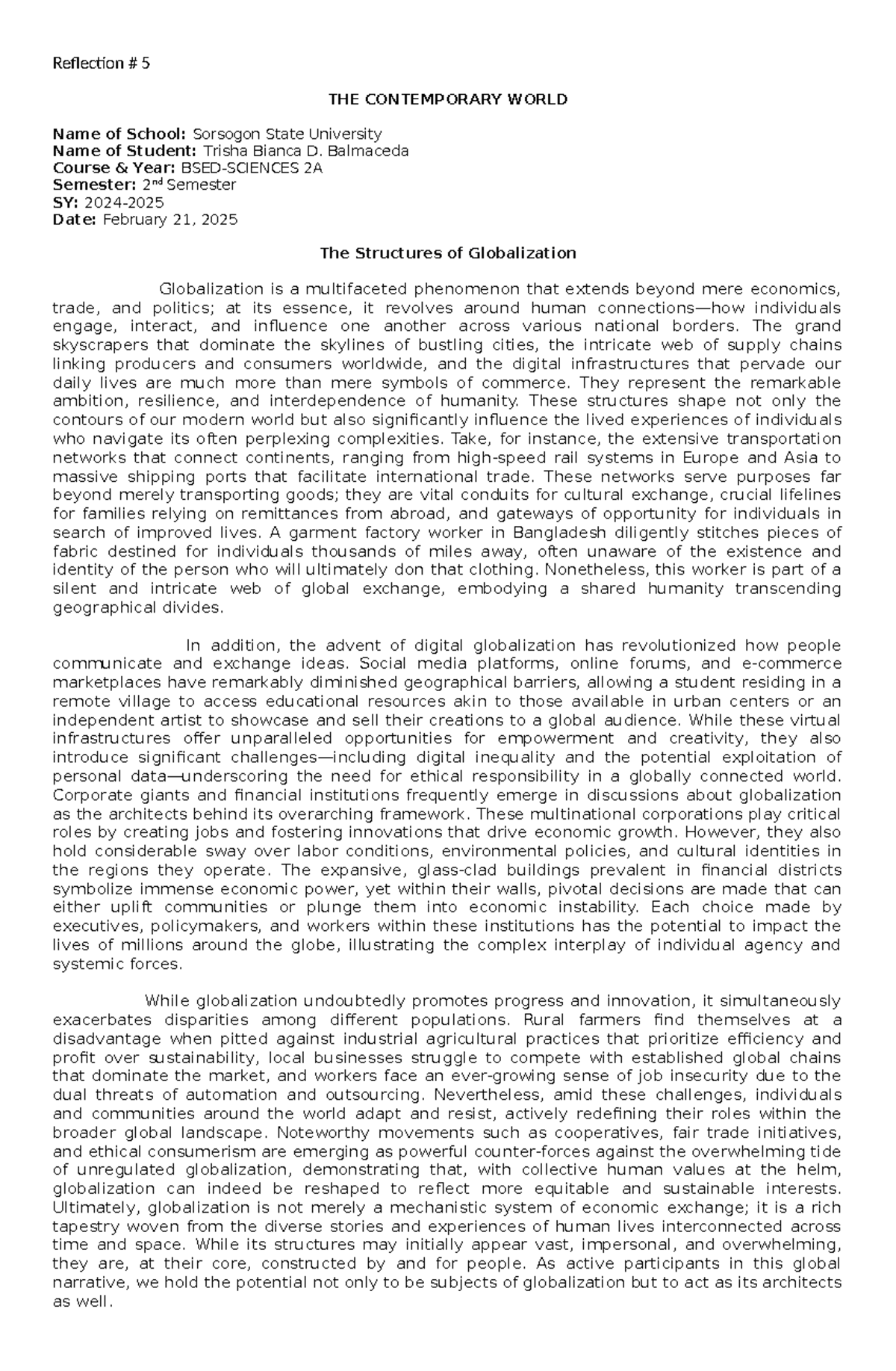 Contemp 5 - Activity - Reflection # 5 THE CONTEMPORARY WORLD Name of ...