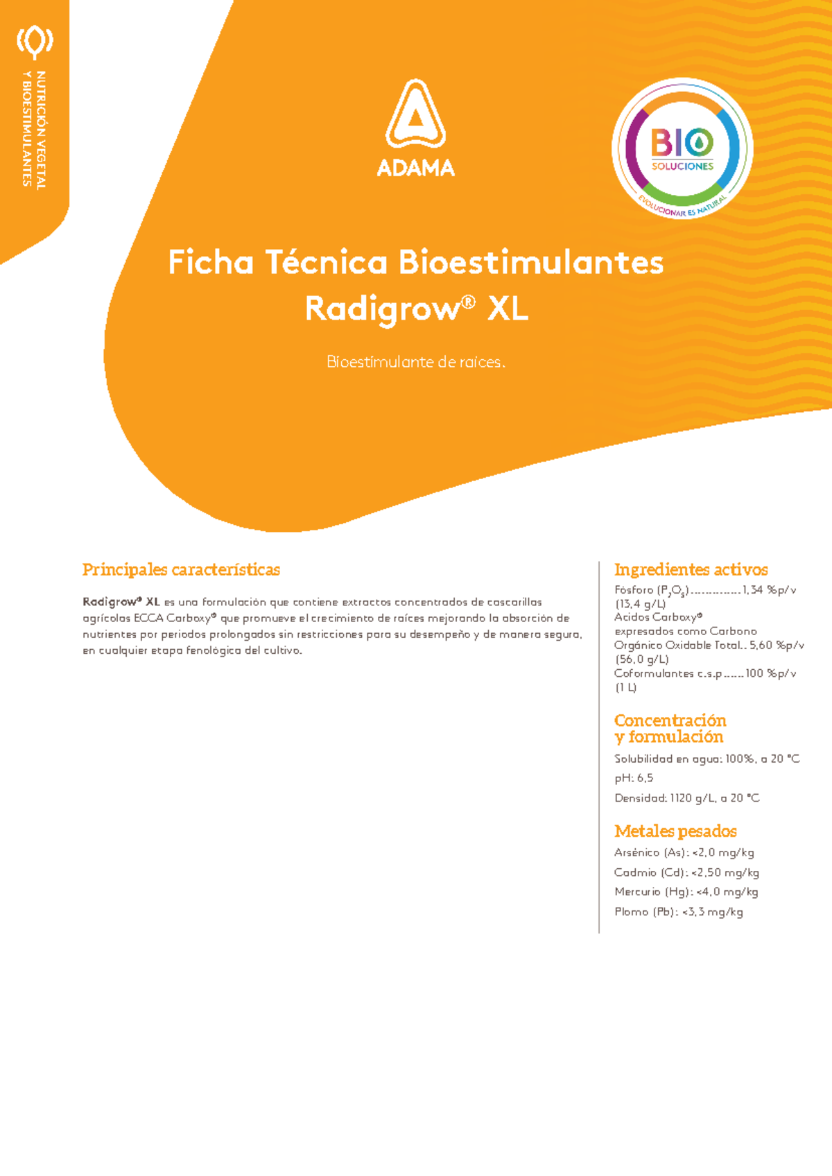 ADA-Ficha Técnica Bioestimulante Radigrow® XL - Requerimientos - Studocu