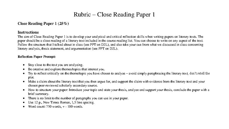 CRP1 Rubric: Close Reading Paper 1 Guidelines for Winter 2025 - Studocu