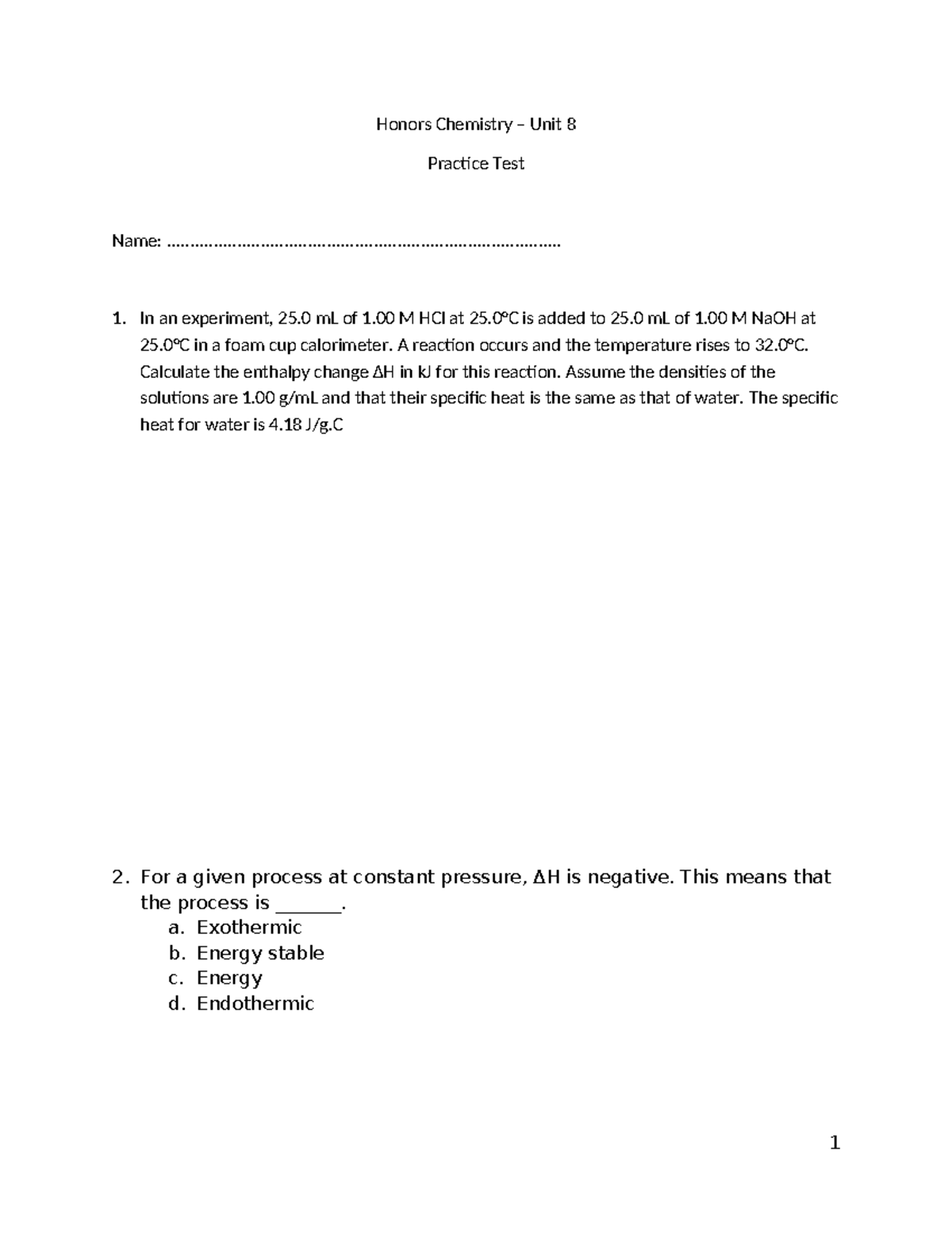 Unit 8 Honors Chemistry Practice Test - Understanding Enthalpy and ...