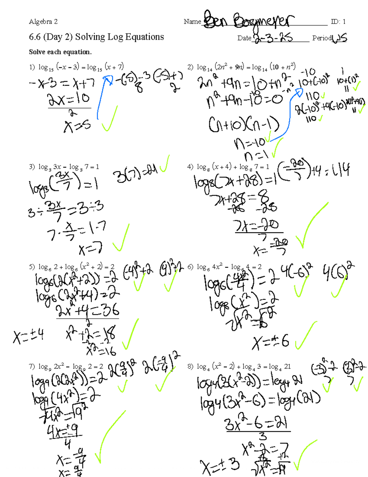 Algebra 2 Worksheet: Solving Log Equations (Day 2) - Studocu