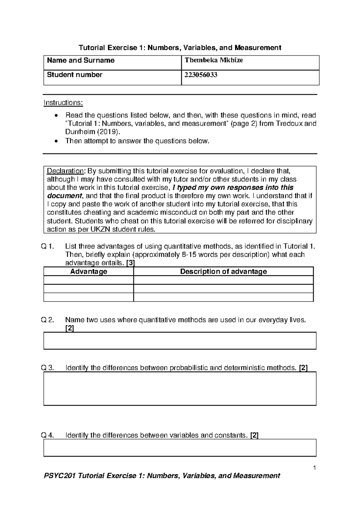 PSYC201 Tutorial Exercise 1: Quantitative Methods & Measurement - Studocu