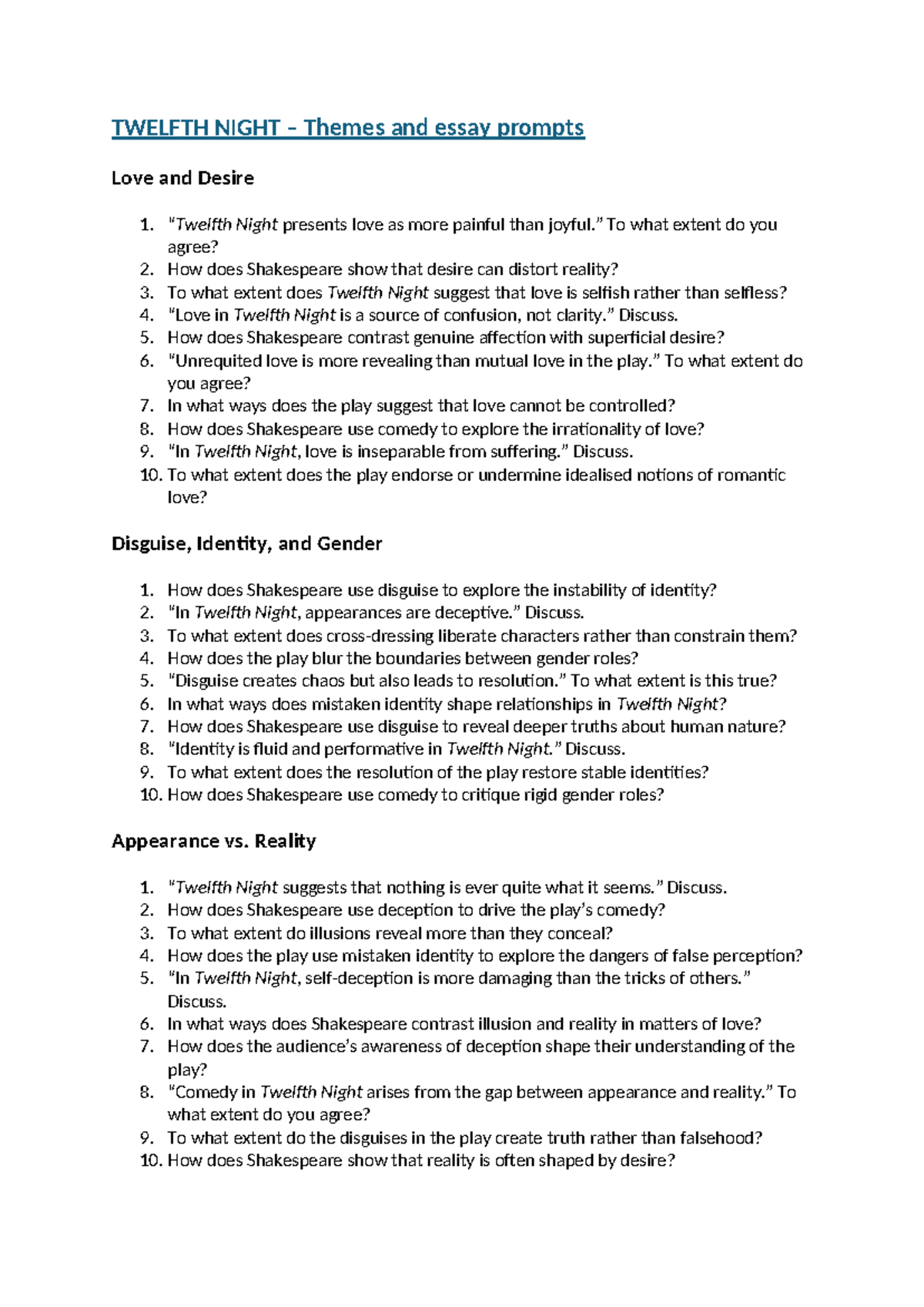 TWELFTH NIGHT Themes & Essay Prompts: Love, Identity, and More - Studocu