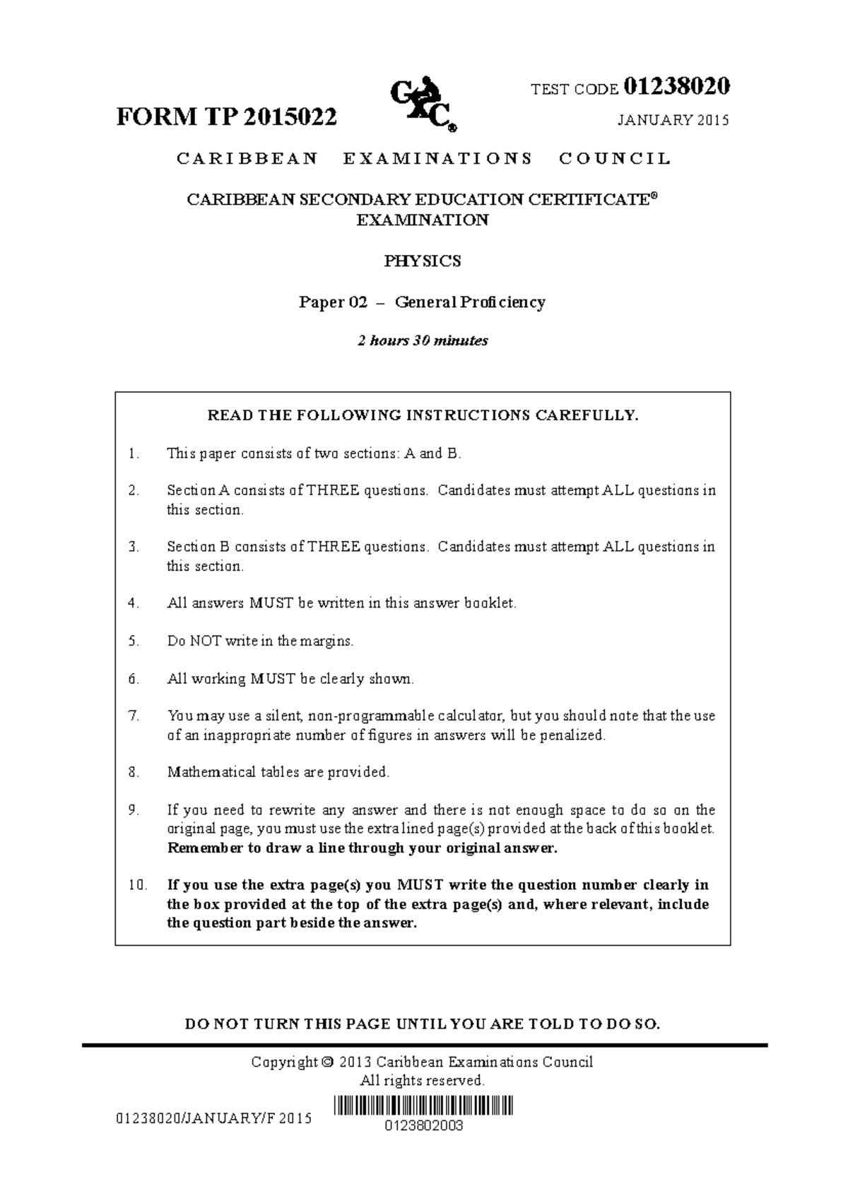 CSEC Physics Paper 02 Solutions - January 2015 Exam Review - Studocu