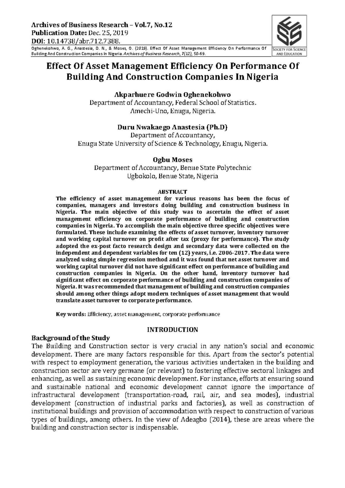 Effect of Asset Management Efficiency on Performance in Building ...