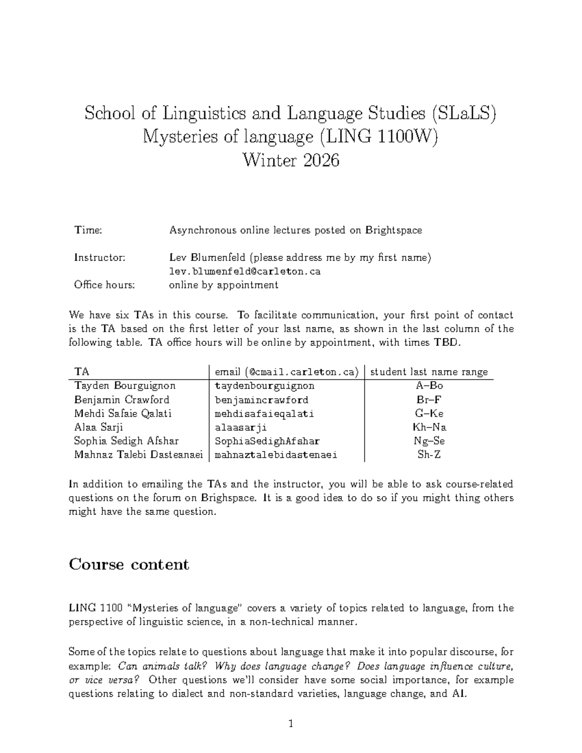 LING 1100W Course Outline: Mysteries of Language - Winter 2026 - Studocu