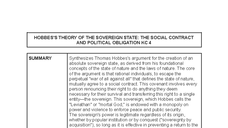 KC 4: Summary of Hobbes' Theory of the Sovereign State and Social ...
