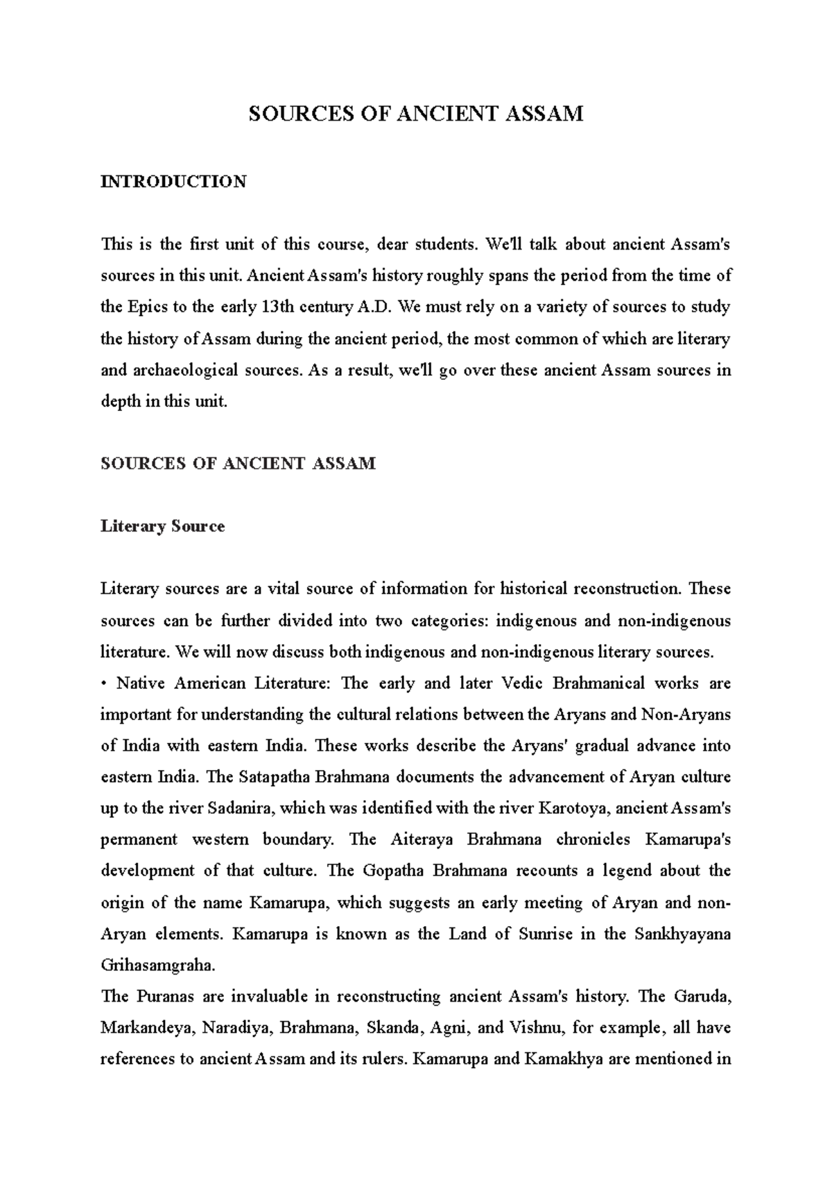 Sources OF Ancient Assam - SOURCES OF ANCIENT ASSAM INTRODUCTION This ...