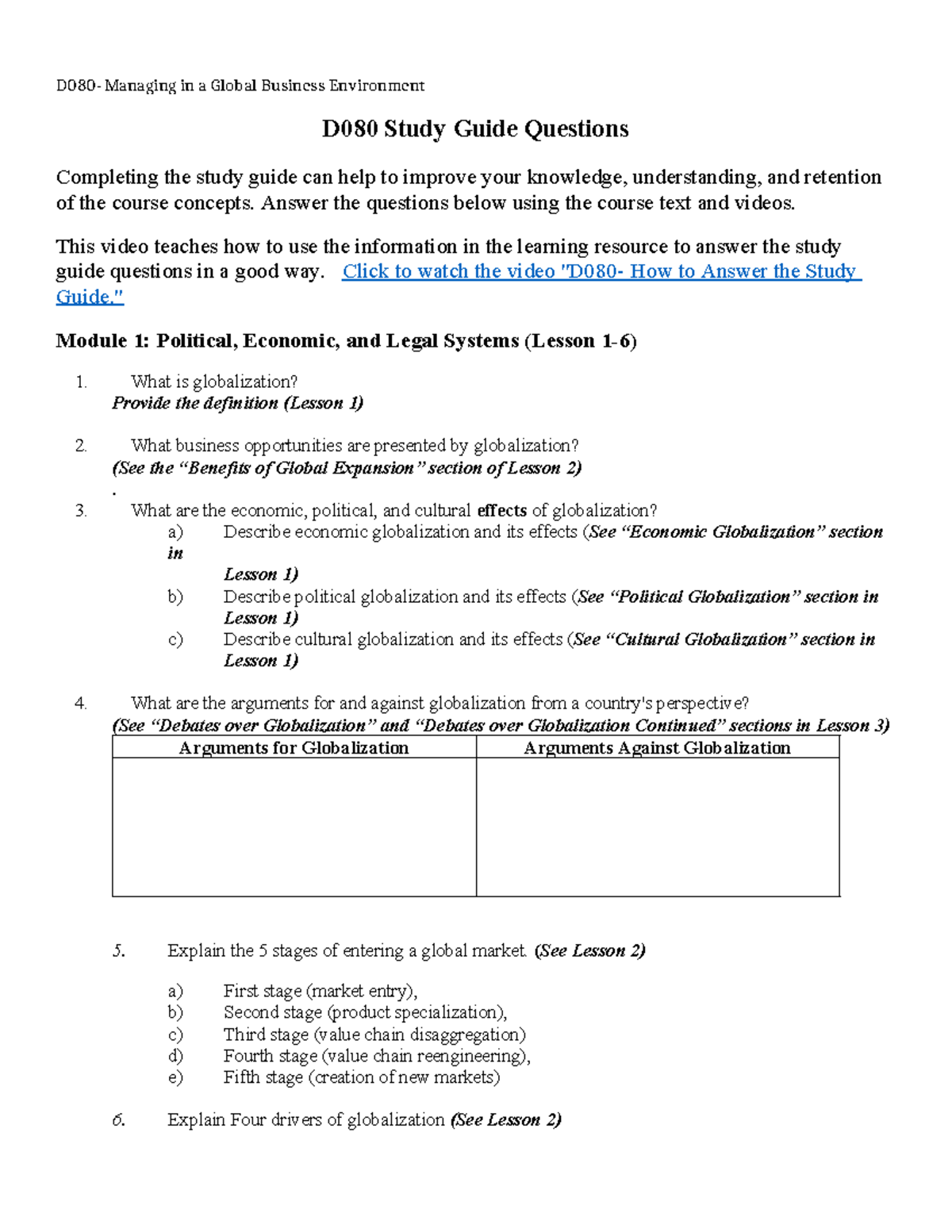 D080 - Study Guide for Global Business: Trade Policies & Cultural ...