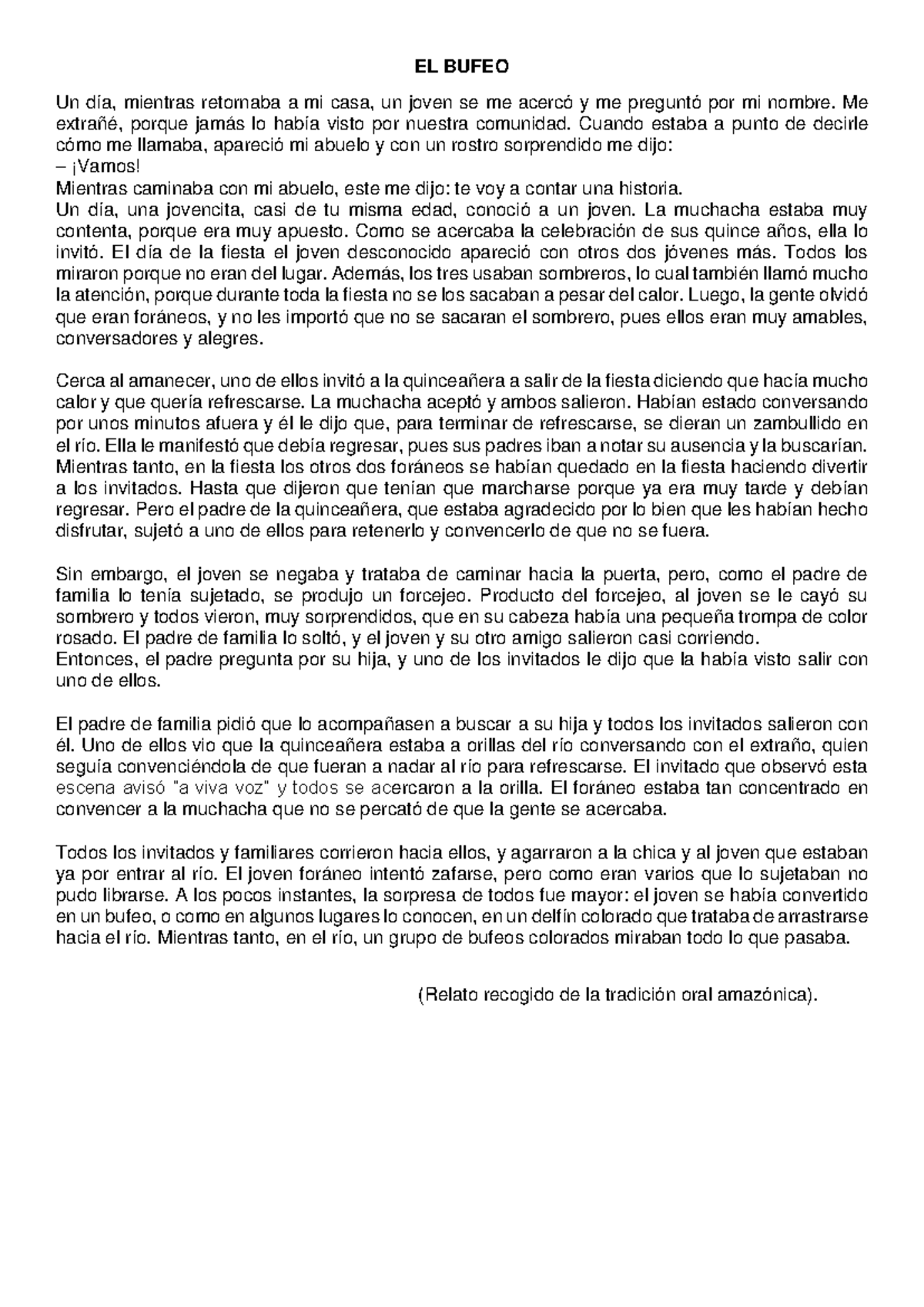 EL BUFEO - Relato de la Tradición Oral Amazónica - Studocu