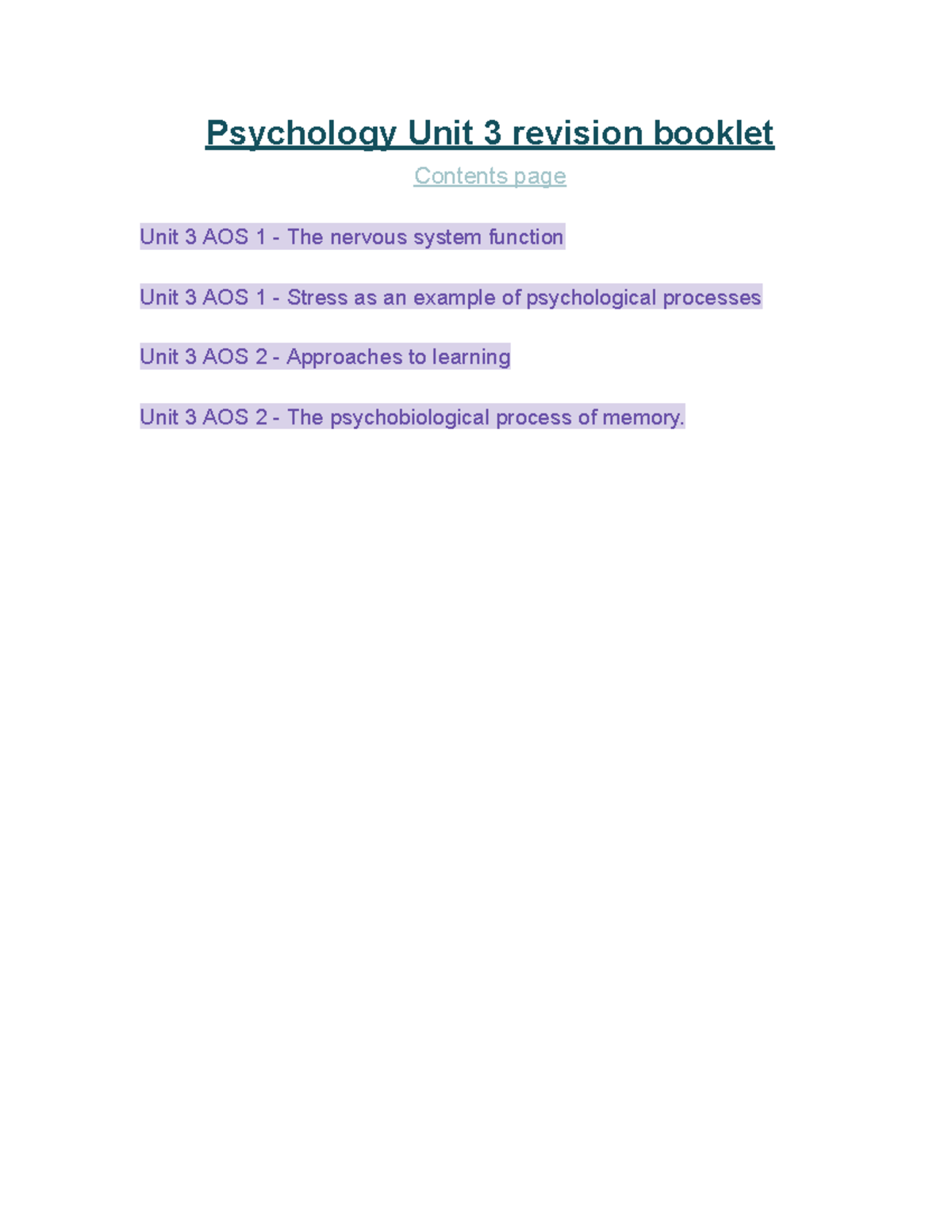 Psychology Unit 3: Nervous System & Learning Processes Revision - Studocu