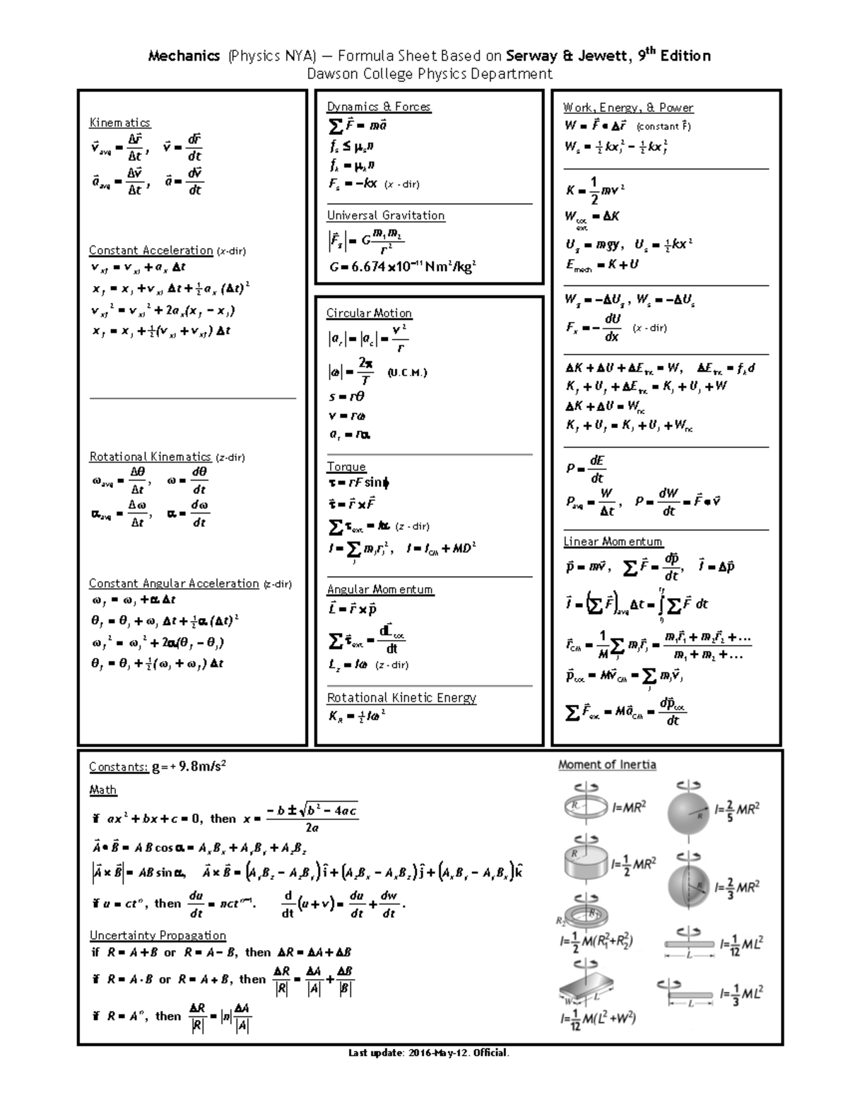 203-NYA-Physics Mechanics Formula Sheet (Serway & Jewett 9th Ed.) - Studocu