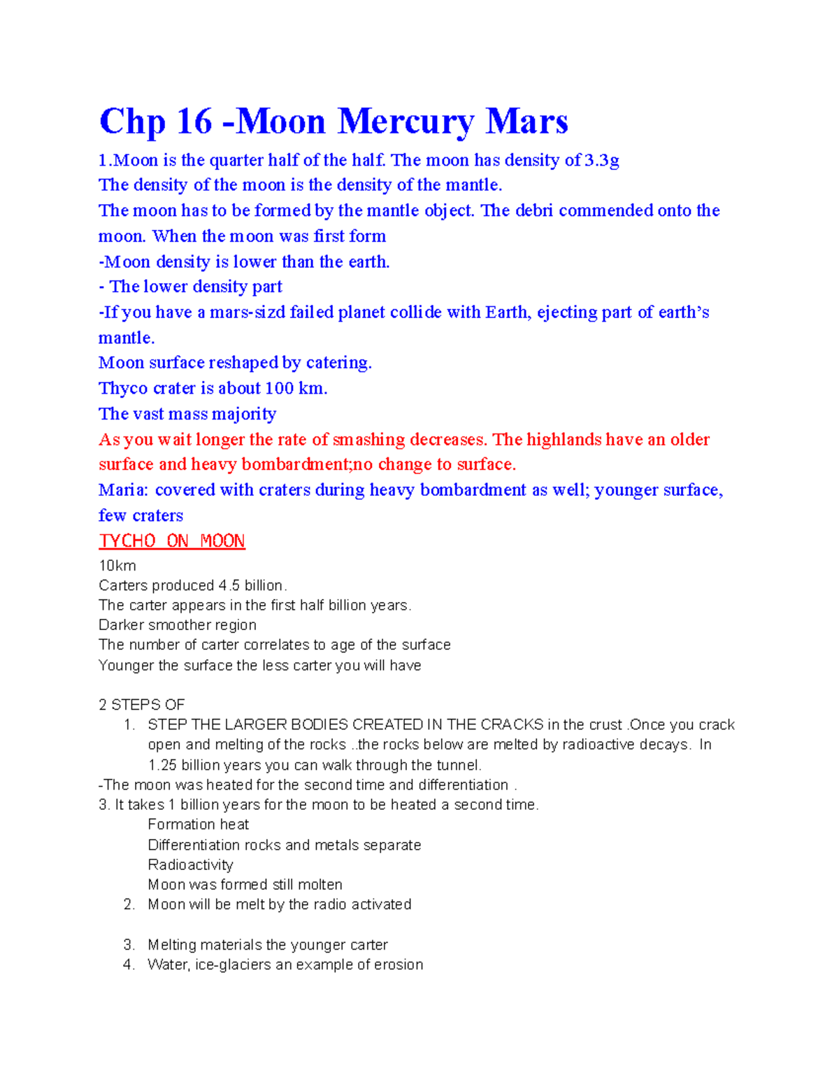 Astronomy Notes Chp16 - Chp 16 -Moon Mercury Mars 1 is the quarter half ...
