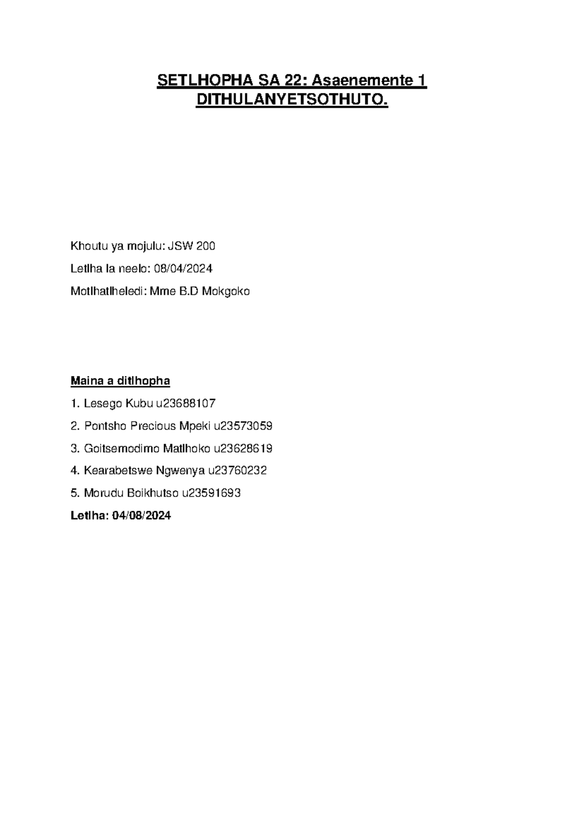 Lesson Plan for Setlhopha 22 - JSW 200: Detailed Outline - Studocu