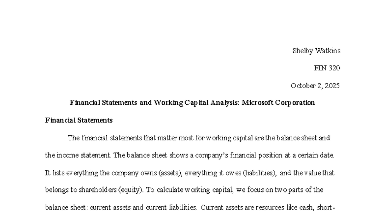 FIN 320 - Mod 5 Activity: Financial Statements & Working Capital ...