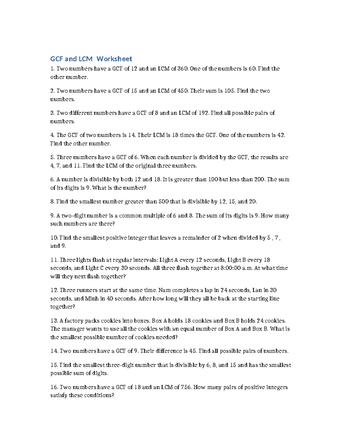 GCF & LCM Worksheet - Problem Set for Practice - Studocu