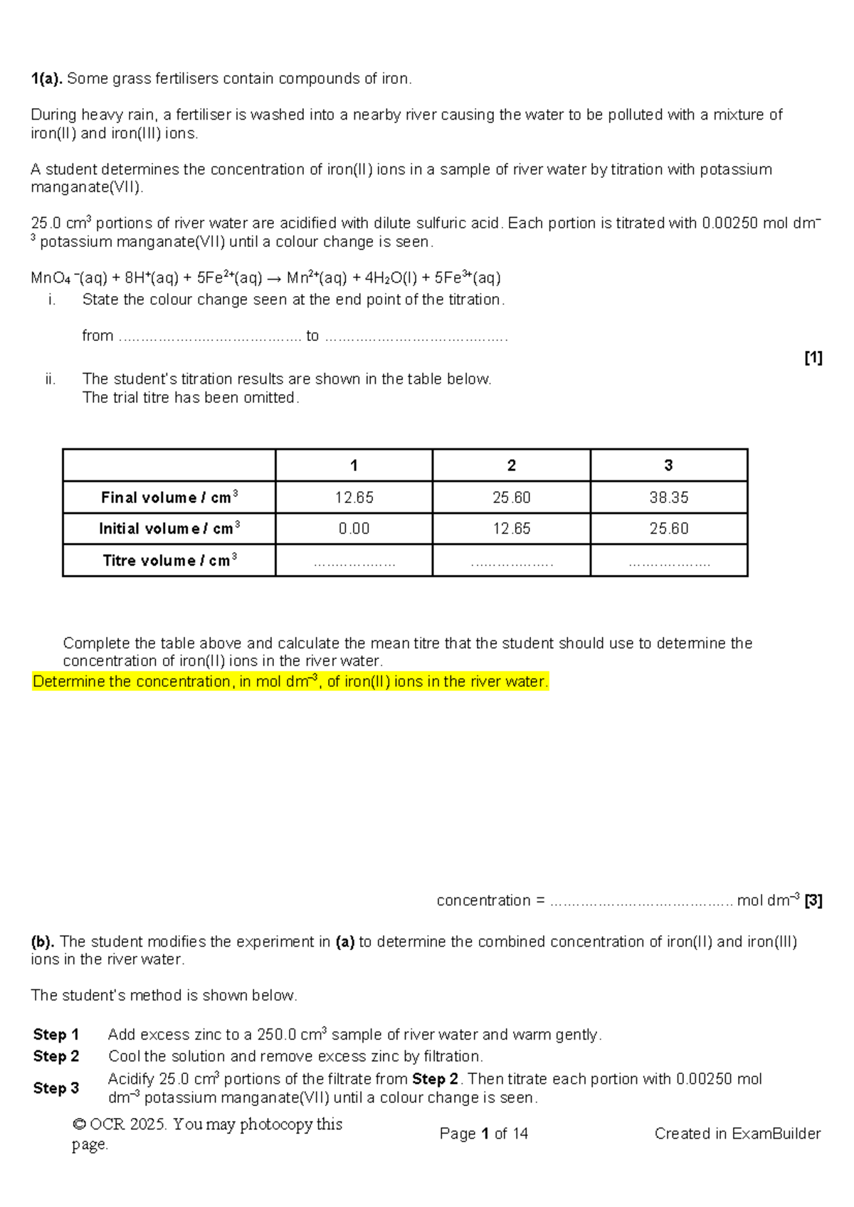 Redox Titration Analysis: OCR 2025 Past Paper Questions - Studocu