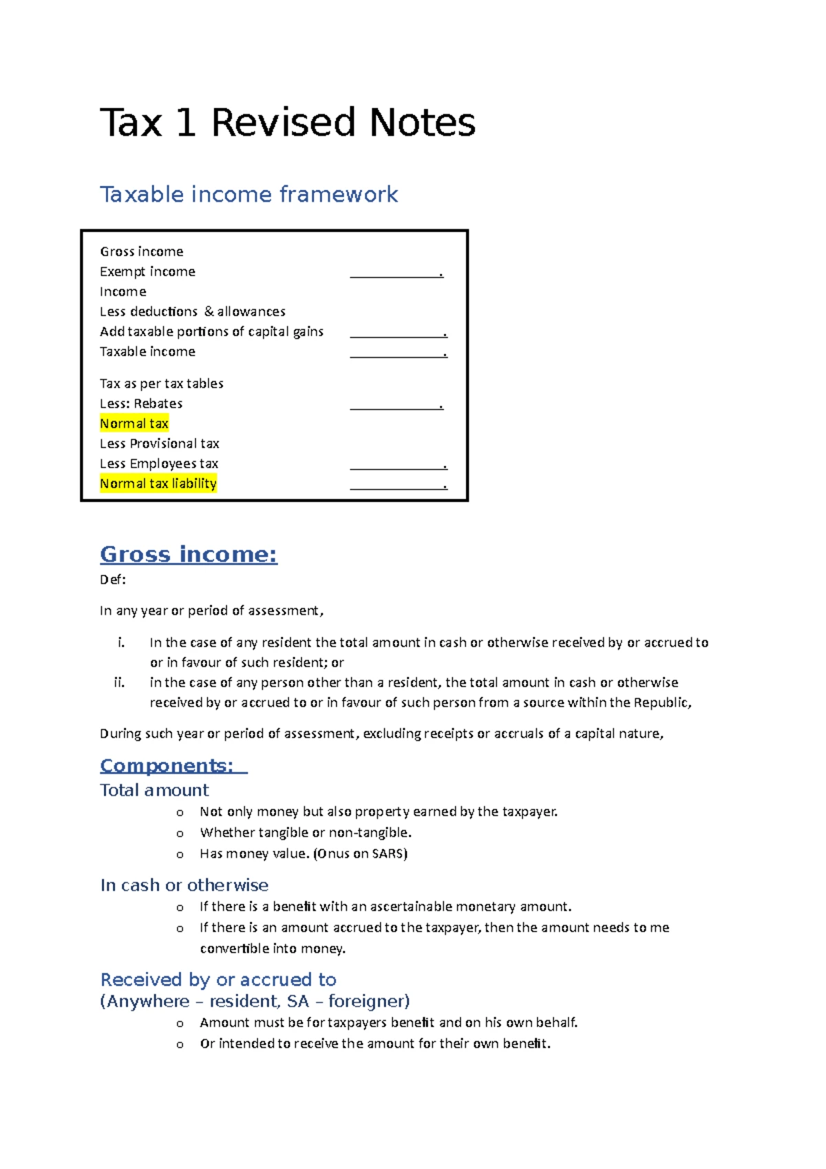 Tax 1 - Case Law Summary: Key Principles and Case Analyses - Studocu