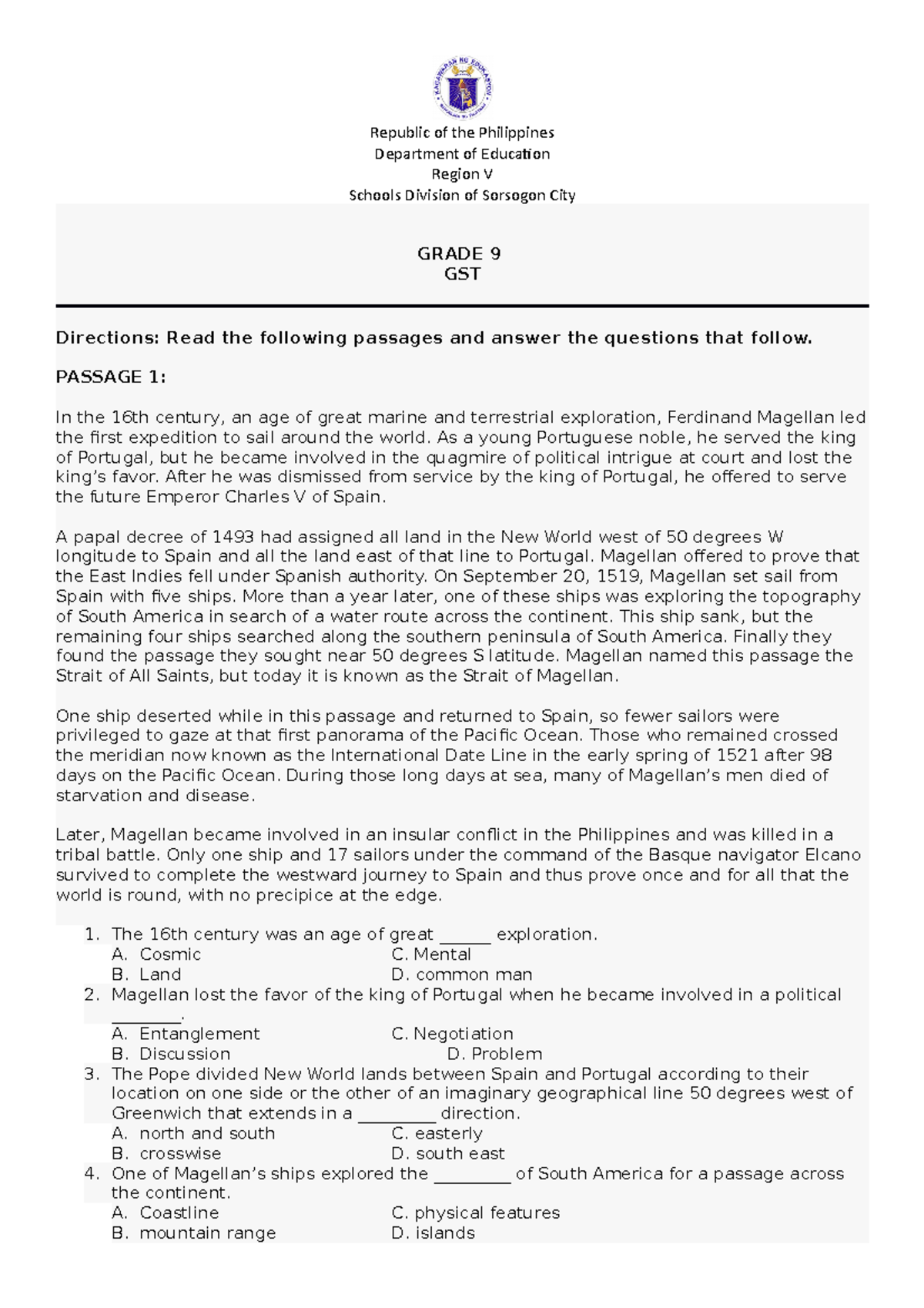 GST-Grade 9 - Reading Comprehension Screening Test and Answers - Studocu