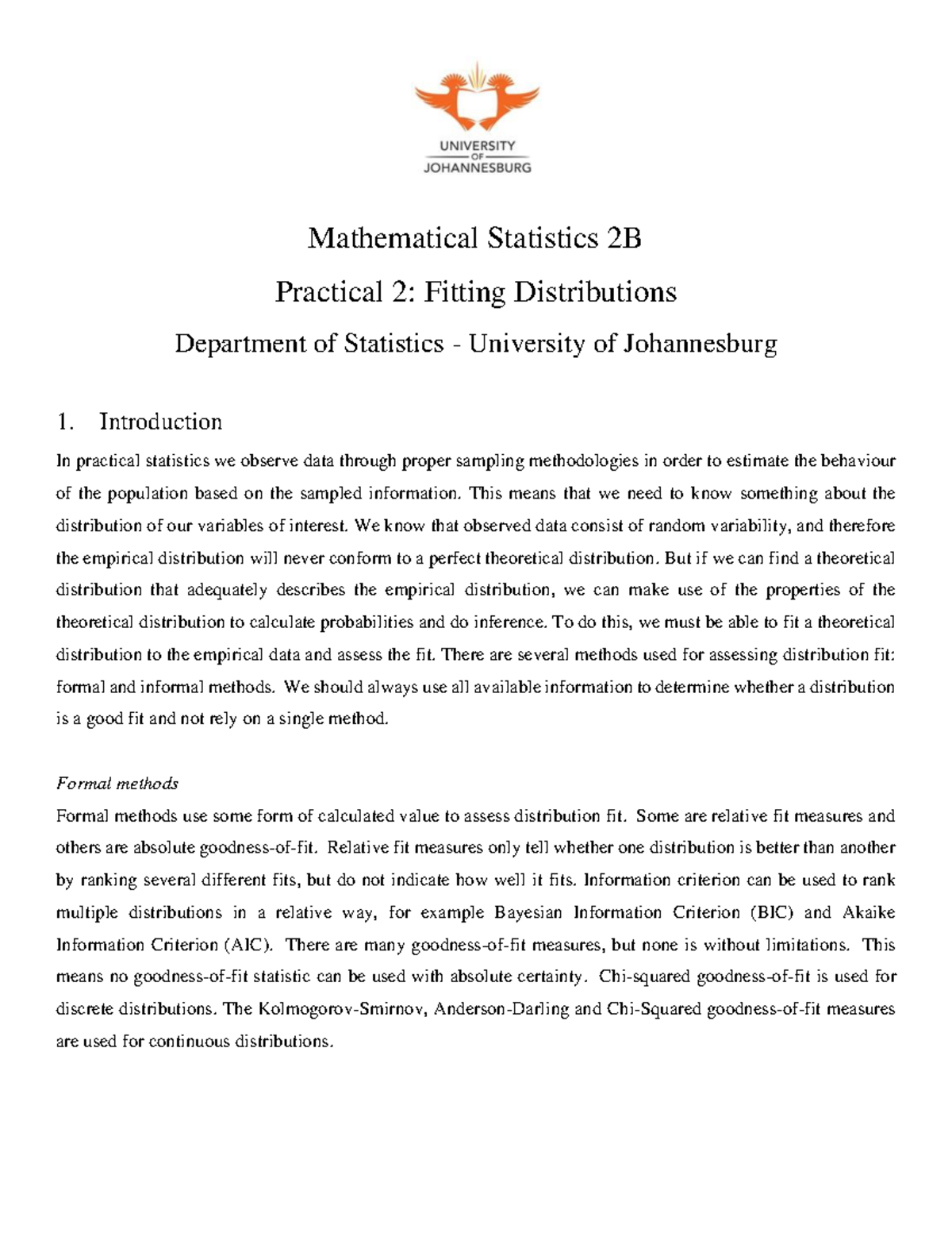 STA02B2 Practical 2: Fitting Distributions in Mathematical Statistics ...