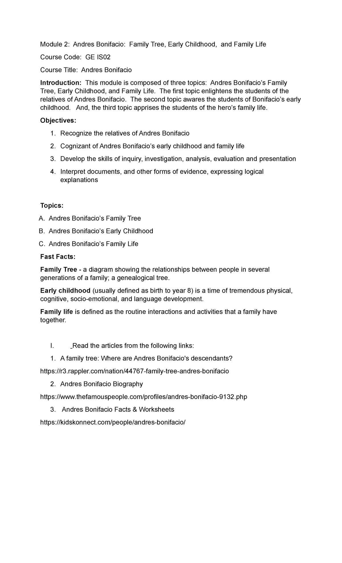 Bonifacio (Module 2) - n/a - Module 2: Andres Bonifacio: Family Tree ...