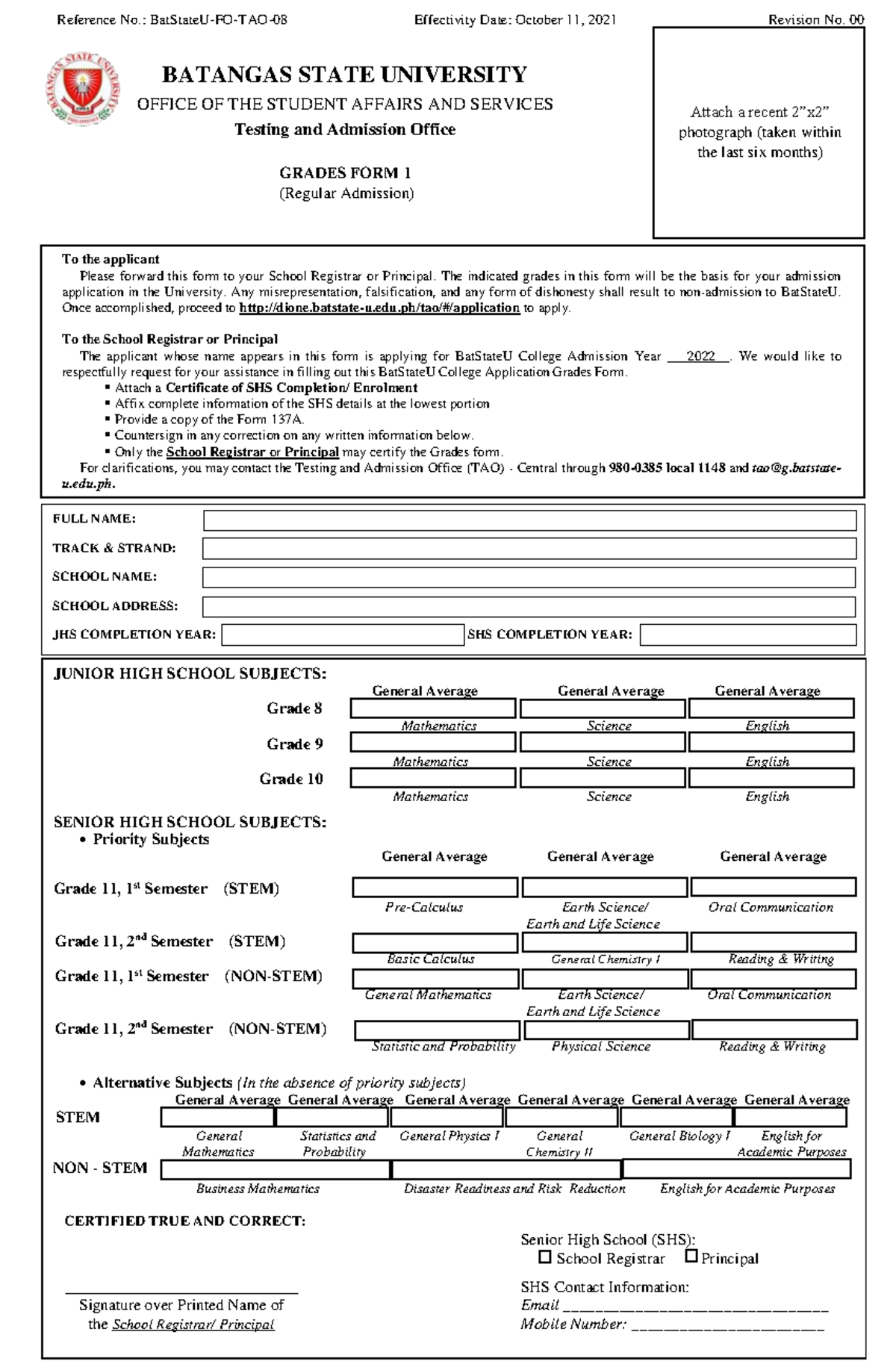 BatStateU-FO-TAO-08 Grades Form 1 for Regular Admission Application ...