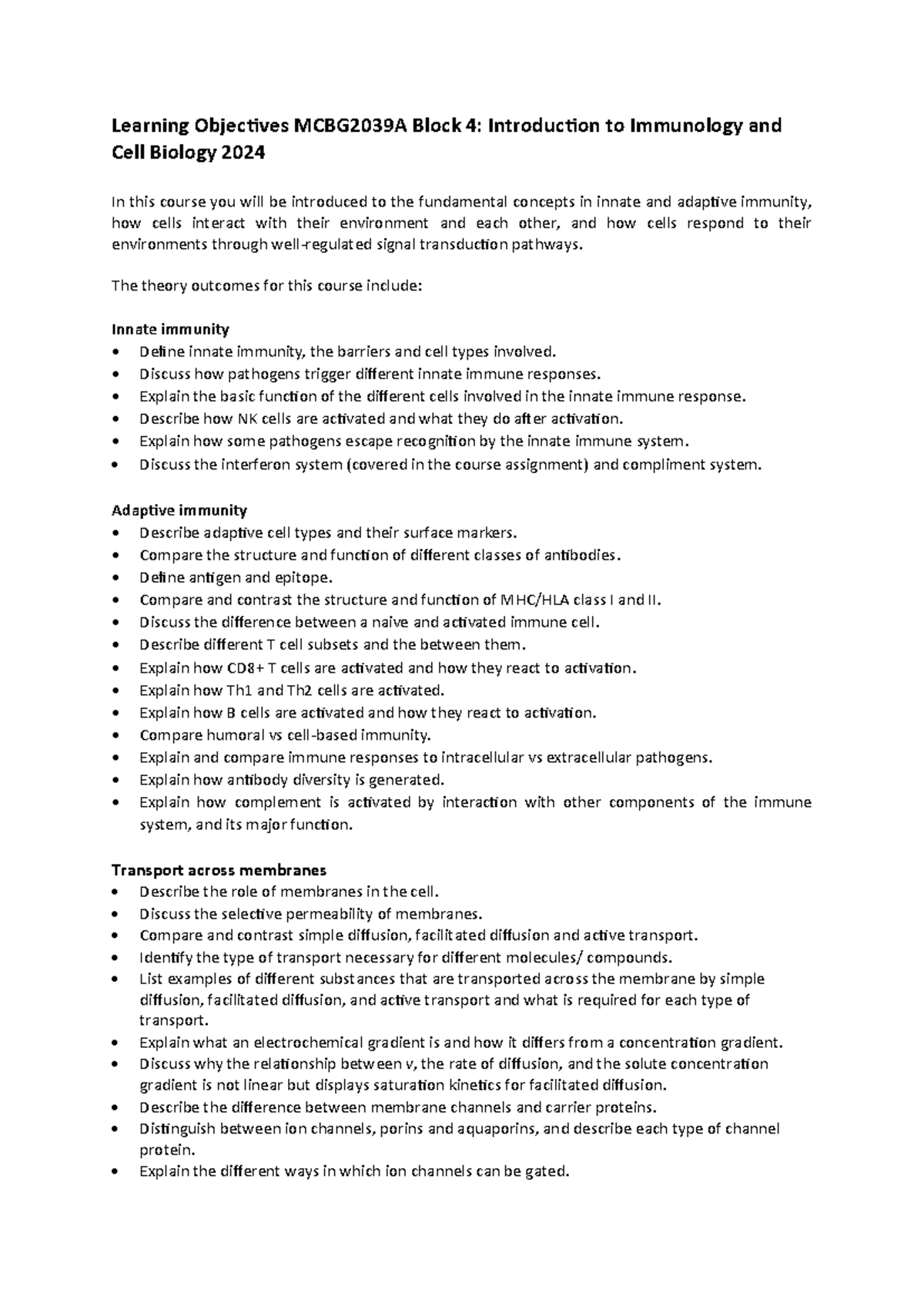 Learning Objectives for MCBG2039A: Immunology and Cell Biology Block 4 ...